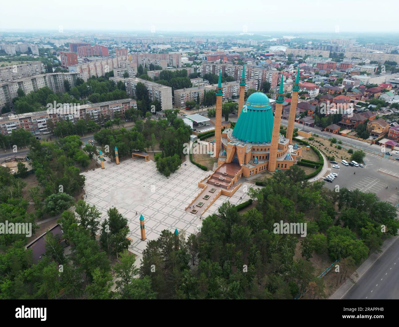 A Mashkhur Jusup Mosque in the center of Pavlodar on a blue sky ...