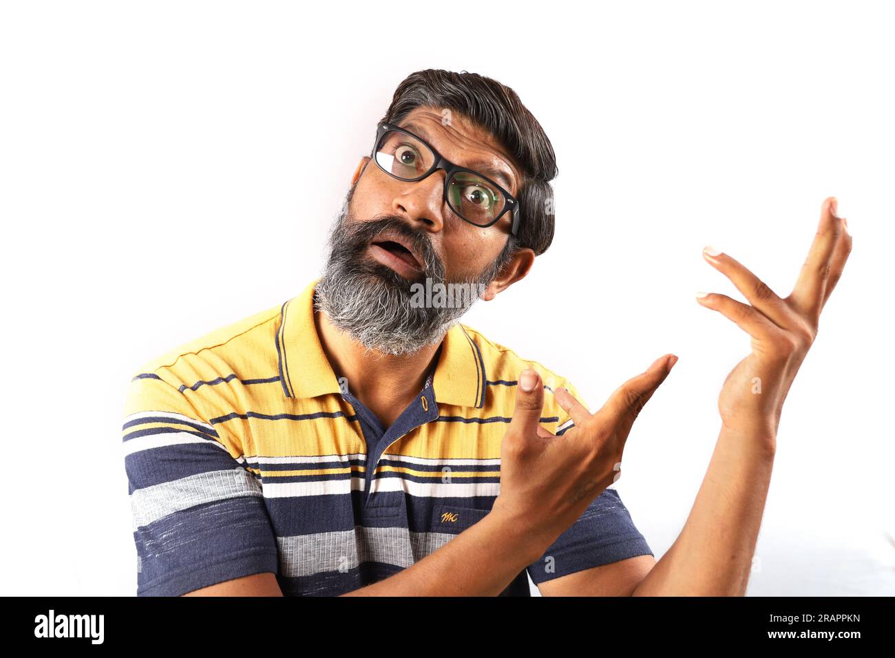 Portrait of an Indian bearded man wearing specs and t-shirt. Funky ...