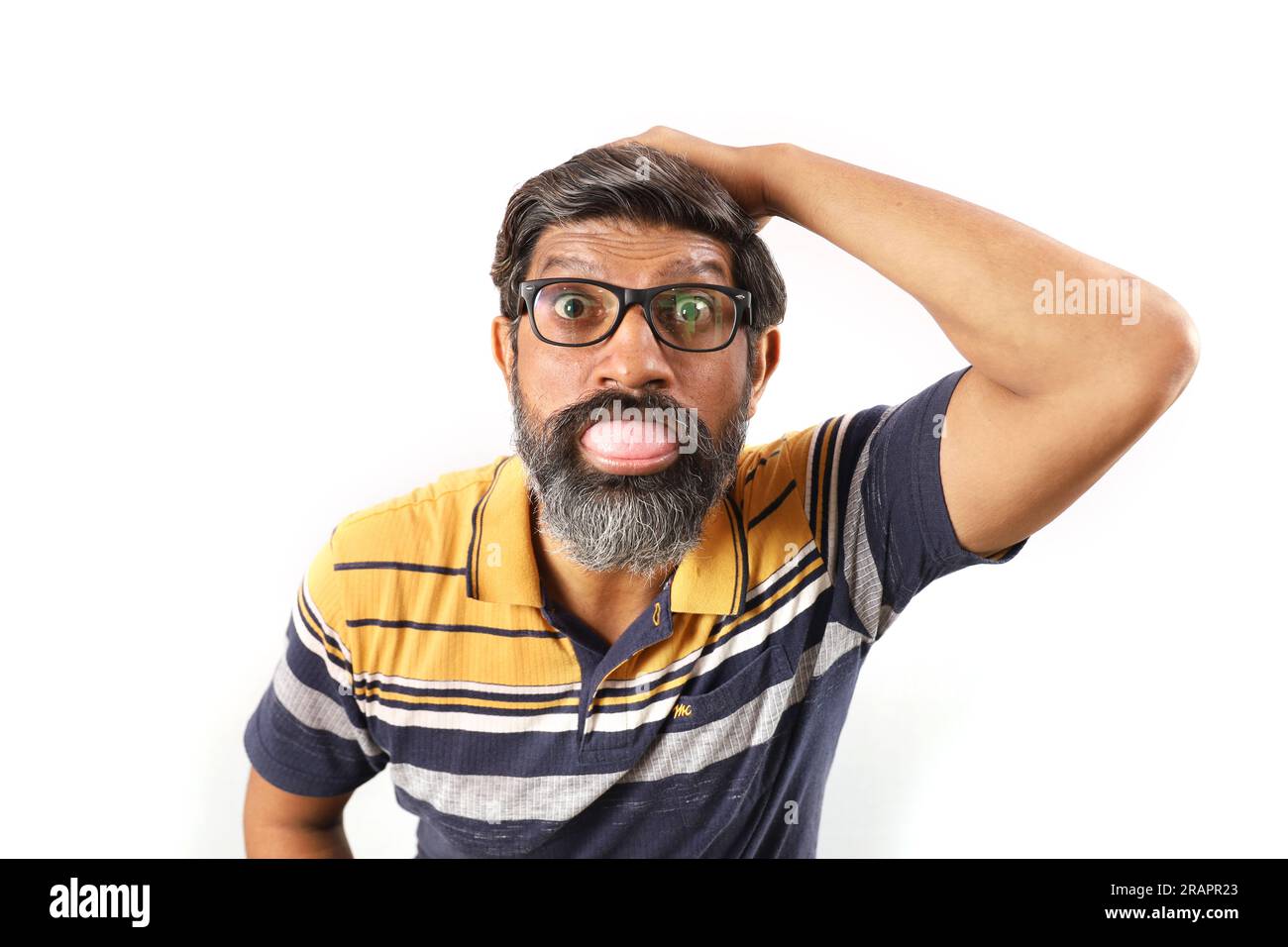 Portrait of an Indian bearded man wearing specs and t-shirt. Funky ...