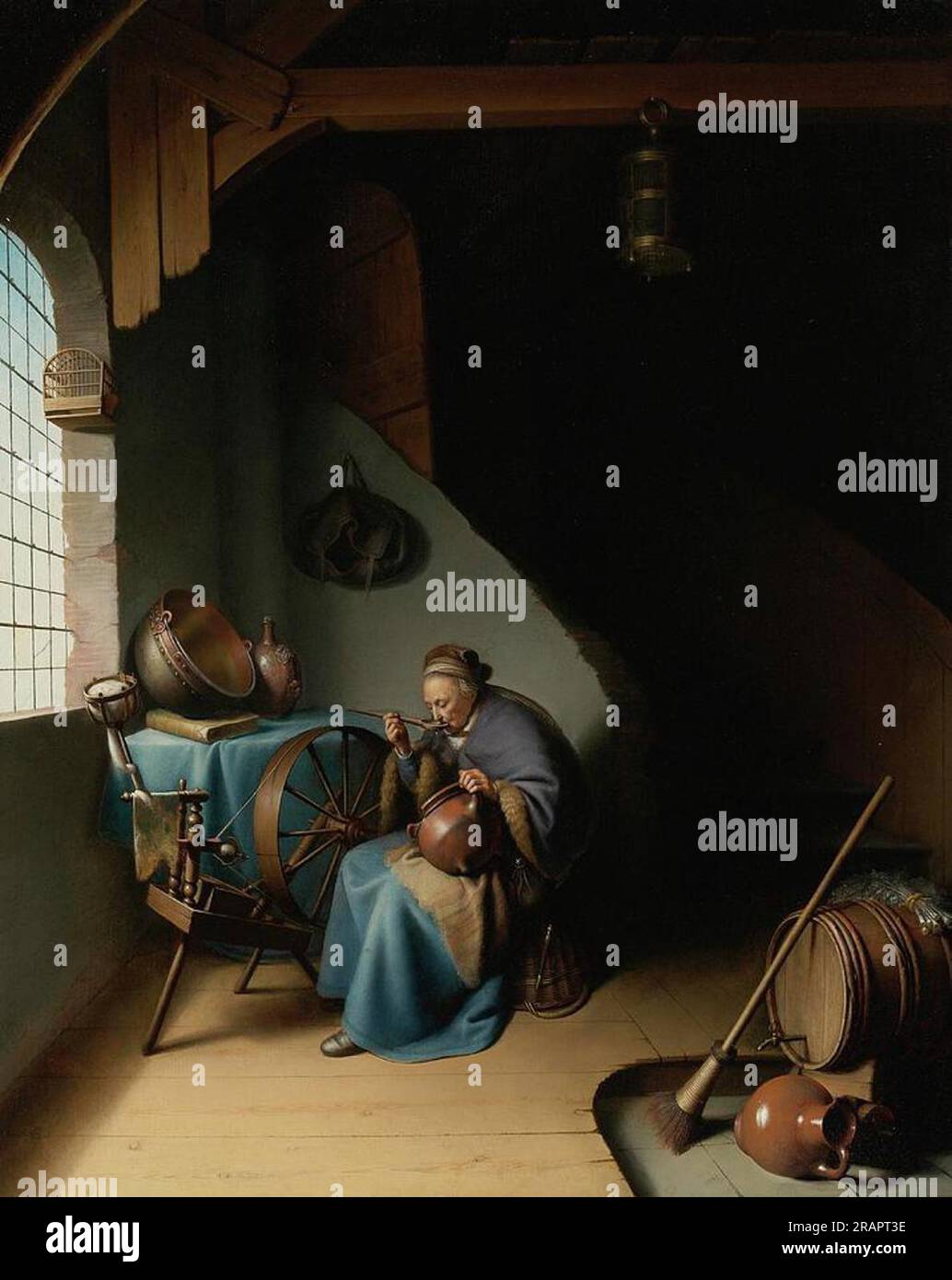 An Elderly Woman Seated by a Window at Her Spinning Wheel by Gerrit Dou ...