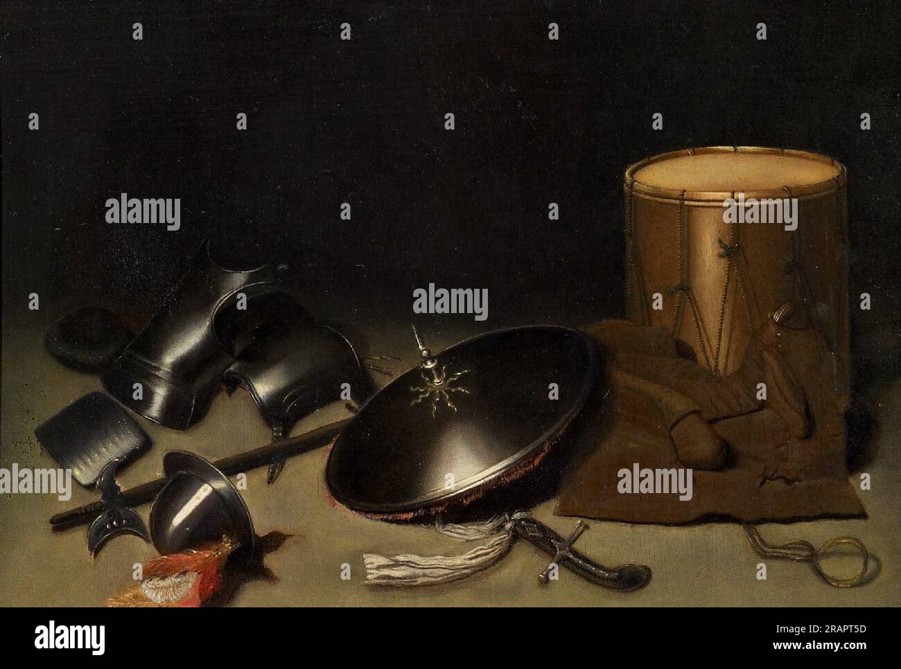 Still life with armor, shield, halberd, sword, leather jacket and drum ...