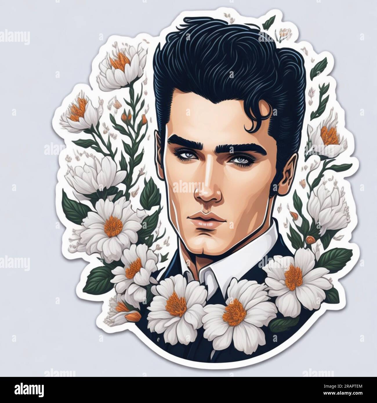 Sticker style illustration of Elvis Presley with flowers. Tattoo design ...