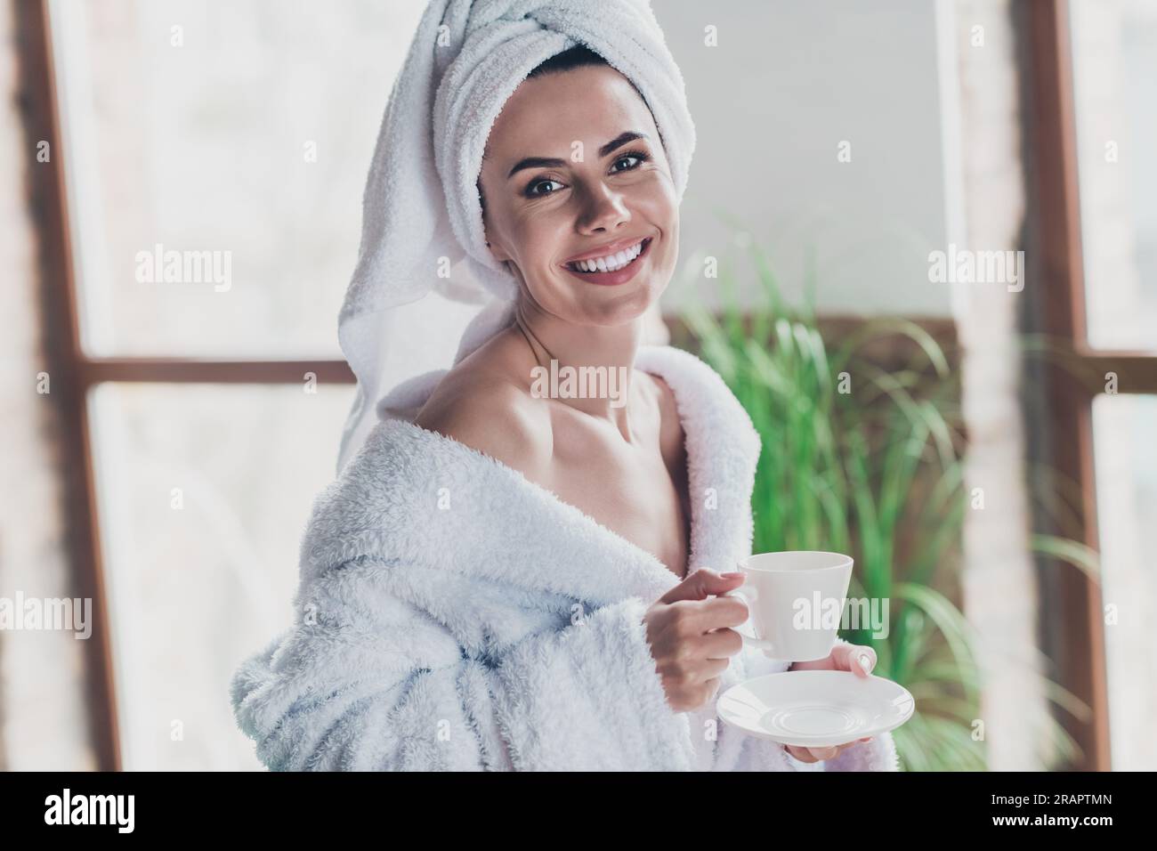 Portrait of sensual lady wear head turban bathrobe enjoy early morning ...