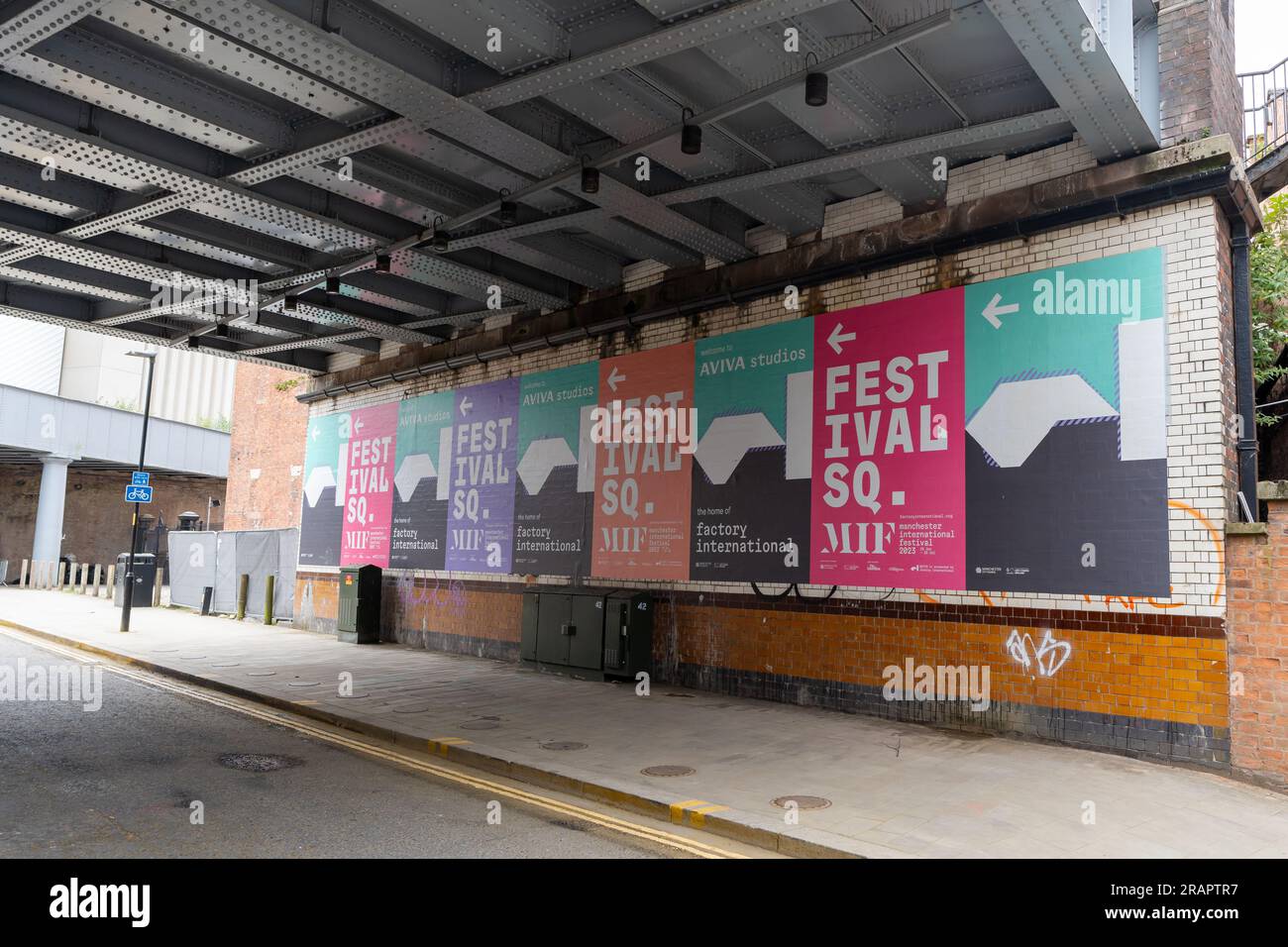 Advertising billboards for Factory International at Aviva Studios and ...