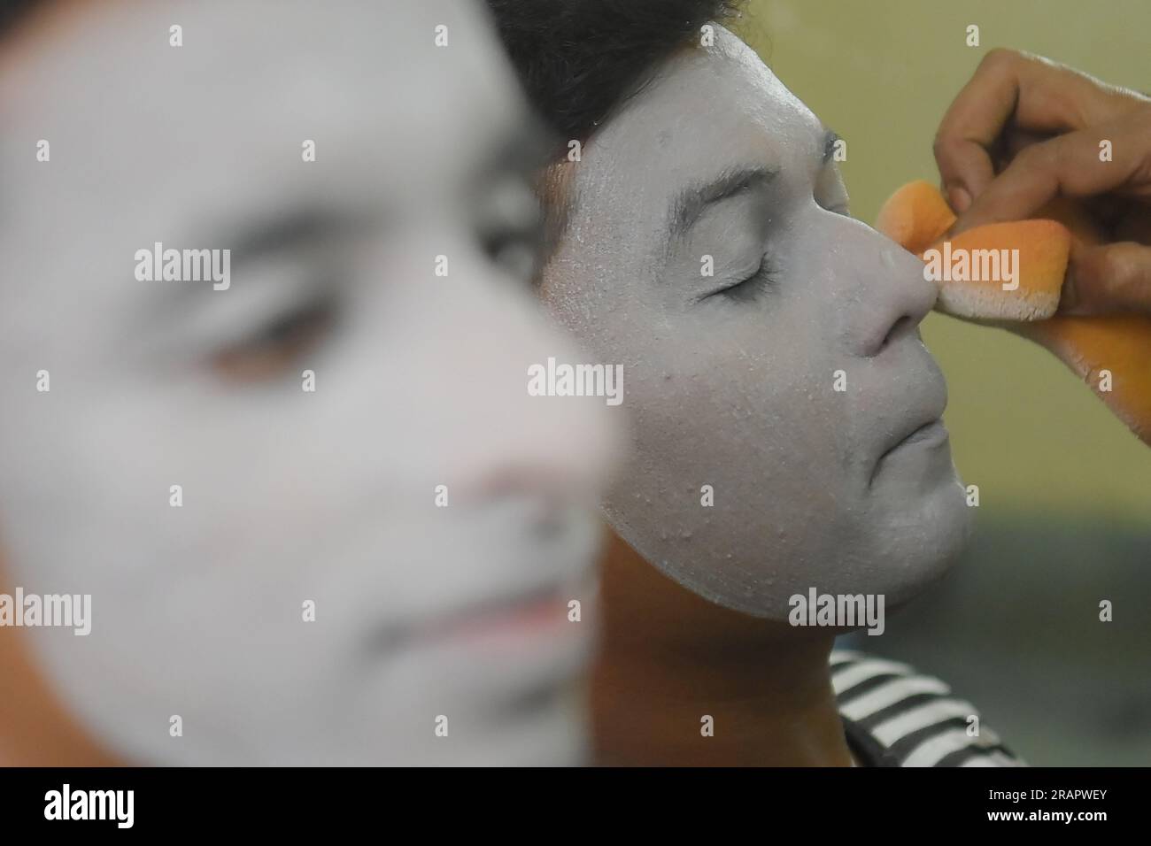 Mime artists from a mime group,"Sur-Pancham", are getting ready for a ...