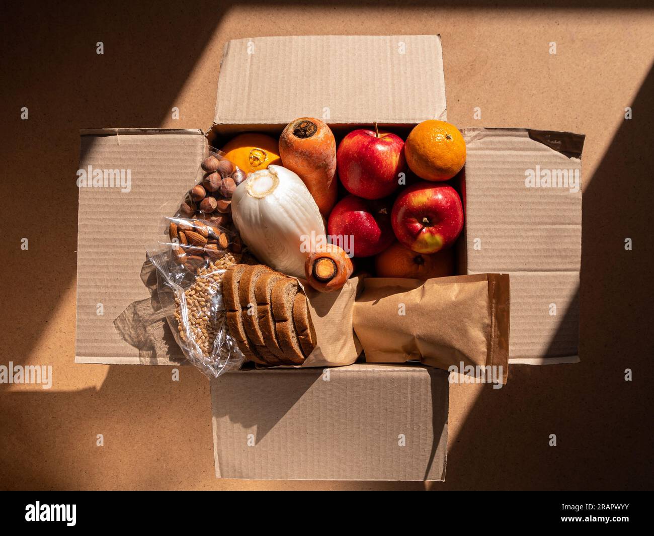 Healthy food delivery flat lay harsh shadows. Take away natural organic ...