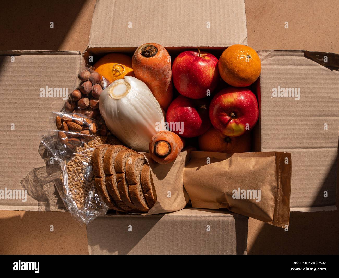 Healthy food delivery flat lay harsh shadows. Take away natural organic ...