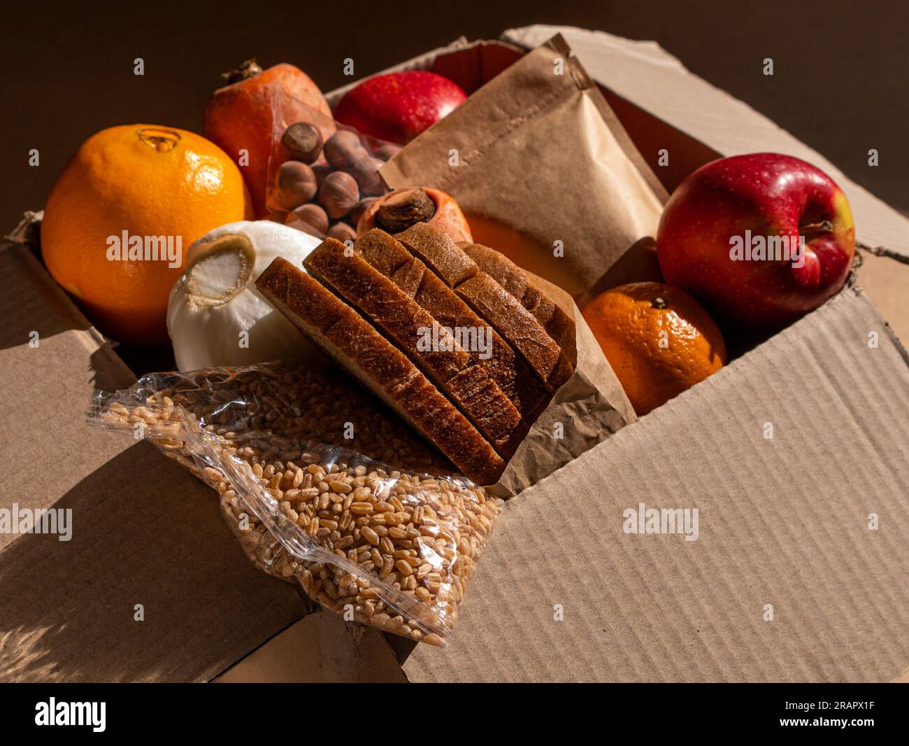 Healthy food delivery flat lay harsh shadows. Take away natural organic ...