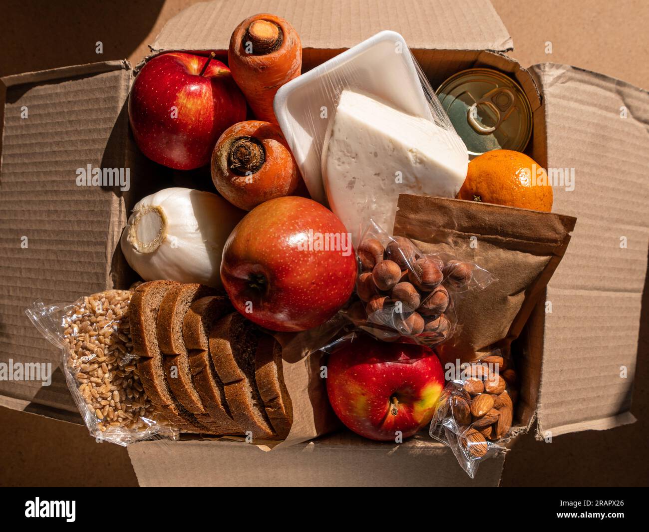 Healthy food delivery flat lay harsh shadow. Take away natural organic ...