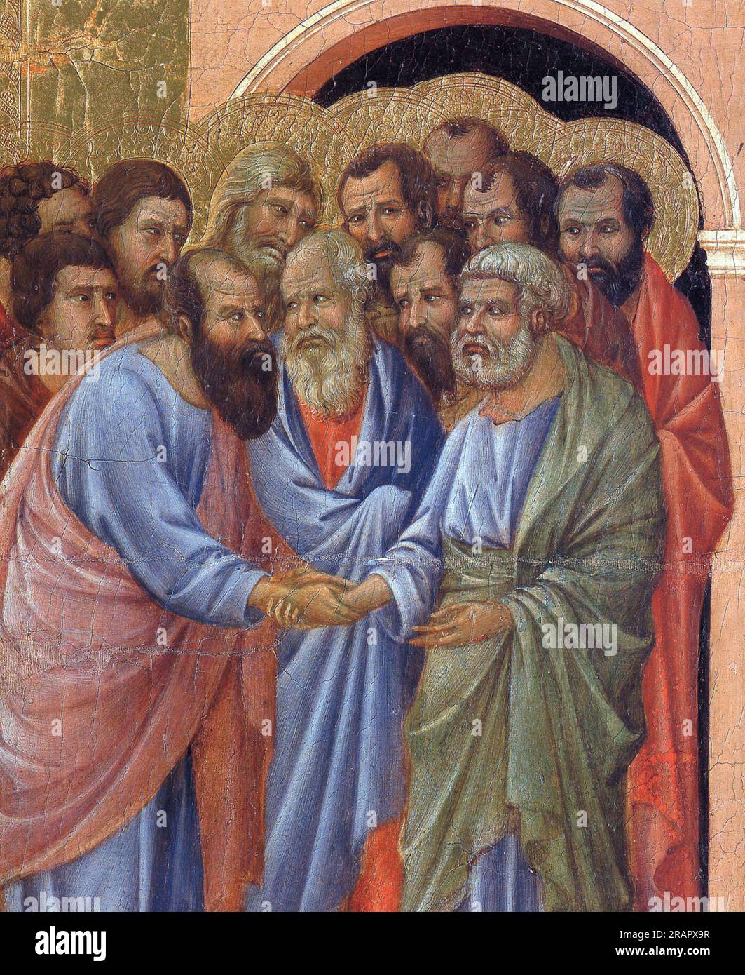 The arrival of the apostles to the Virgin (Fragment) 1311 by Duccio Stock Photo - Alamy