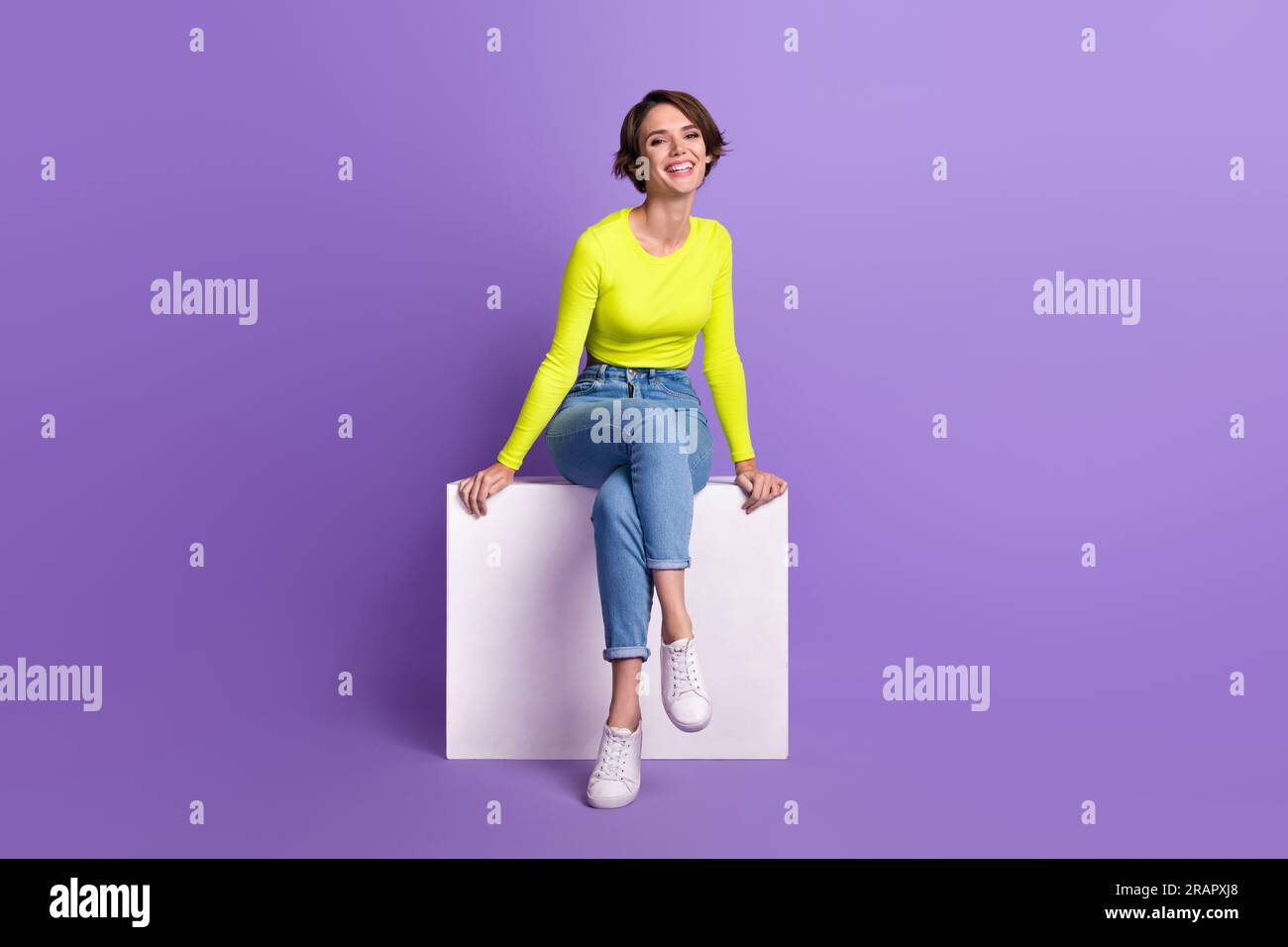 Full length photo of gorgeous satisfied glad person sitting podium have ...