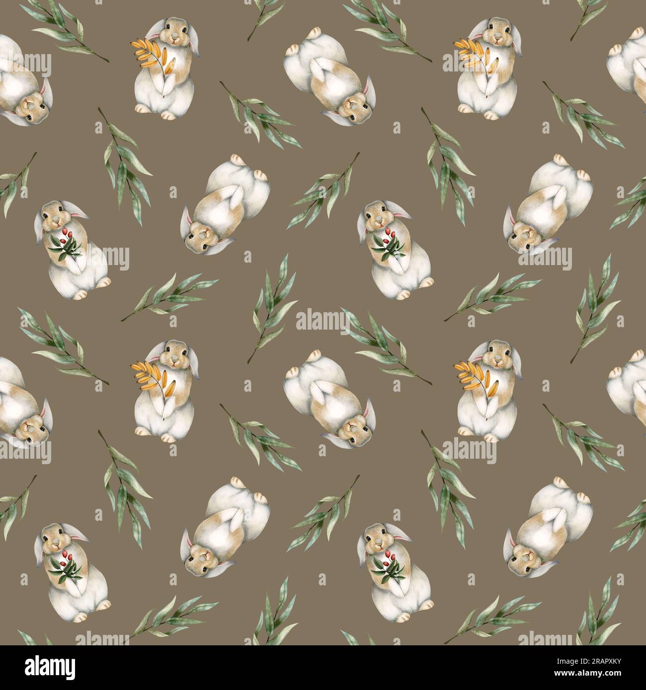 Watercolor autumn bunny rabbit with leaves seamless pattern on pastel ...