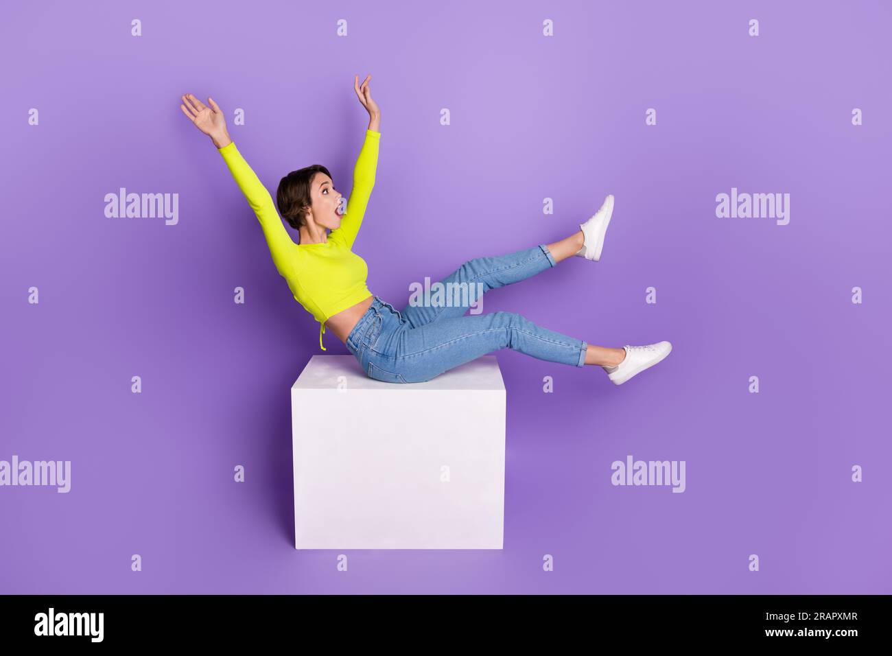 Full length size body photo of funny woman lying platform podium raise ...