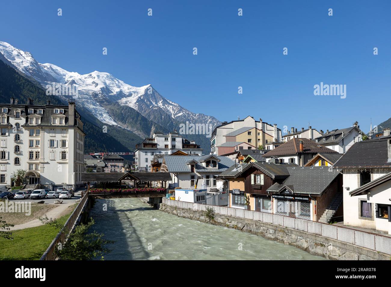 Chamonix village at the feet of the Mont Blanc Massive mountain range ...