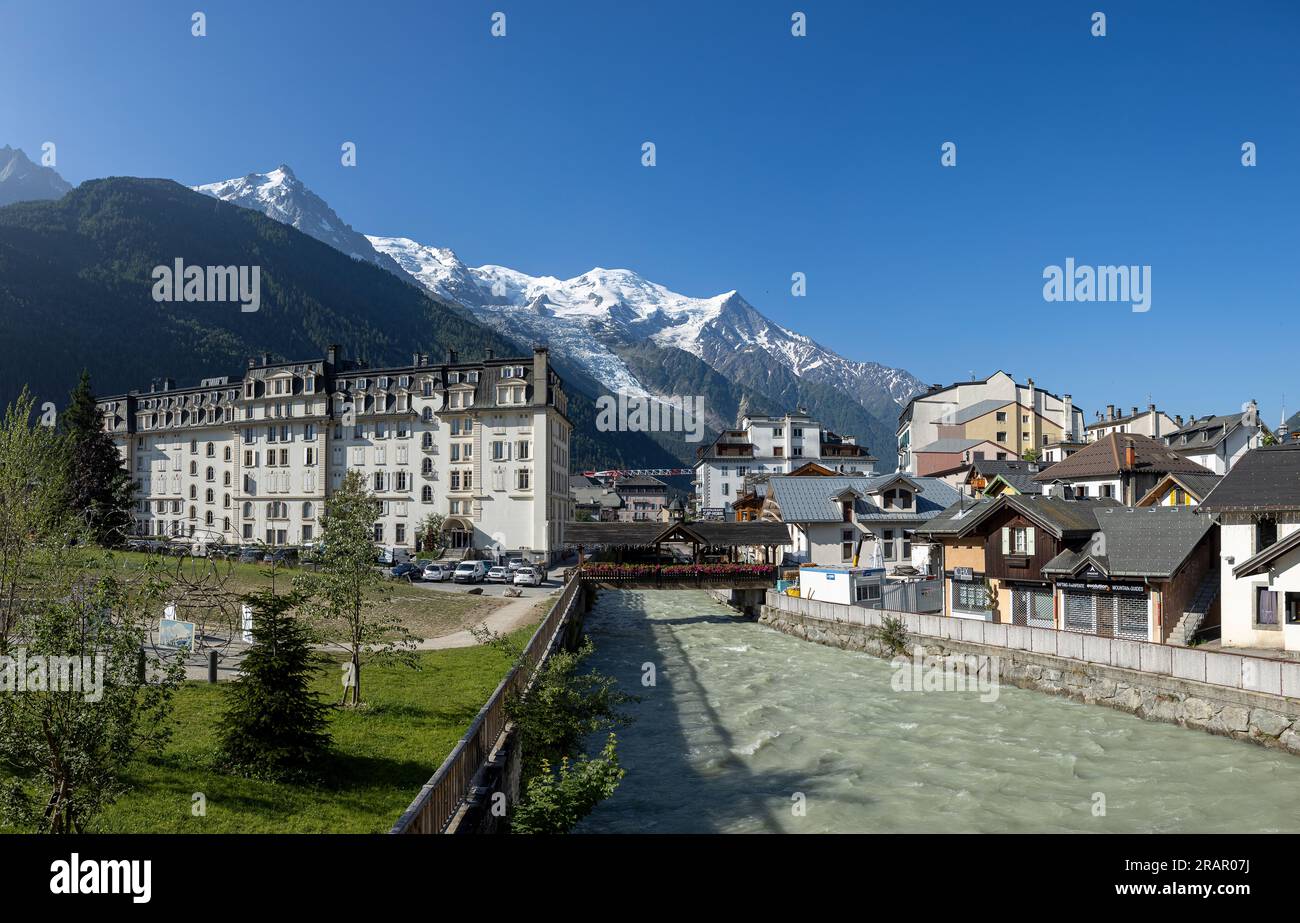 Chamonix village at the feet of the Mont Blanc Massive mountain range ...