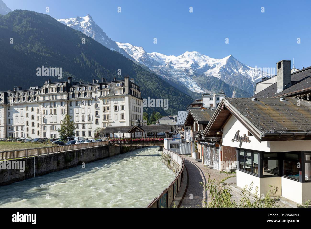 Chamonix village at the feet of the Mont Blanc Massive mountain range ...