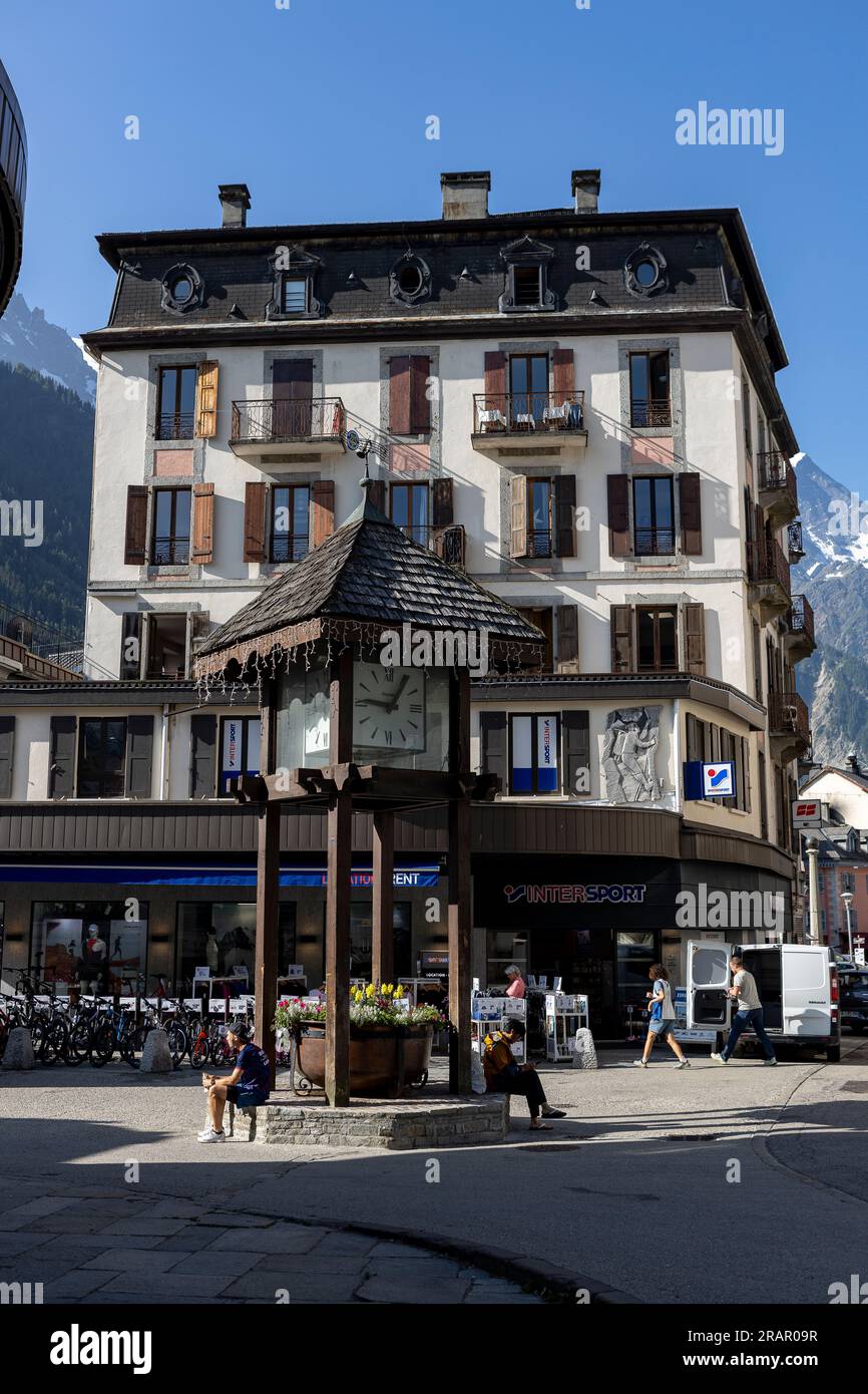 Chamonix village at the feet of the Mont Blanc Massive mountain range ...