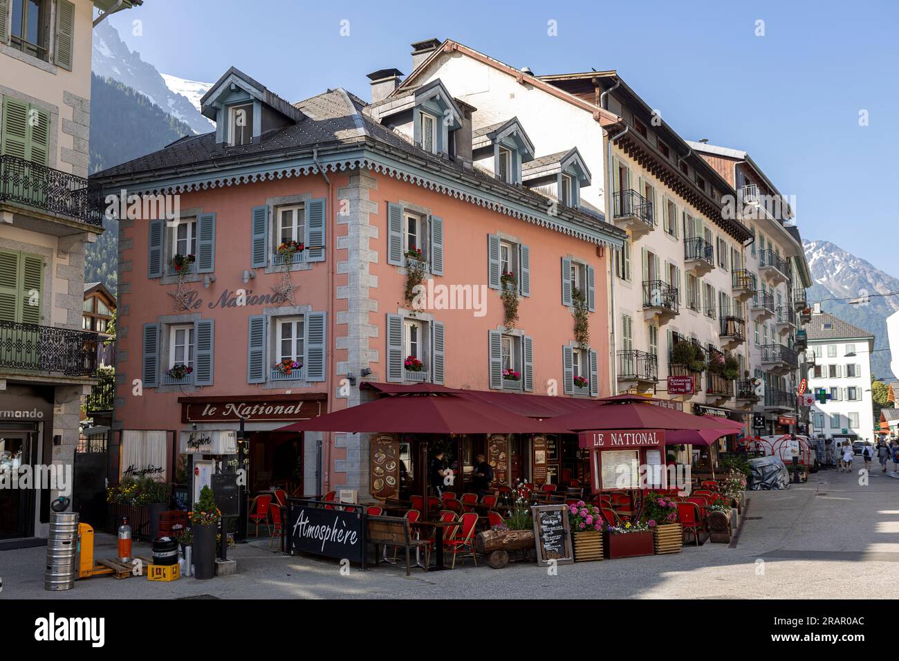 Chamonix village at the feet of the Mont Blanc Massive mountain range with eternal snow tops in ...
