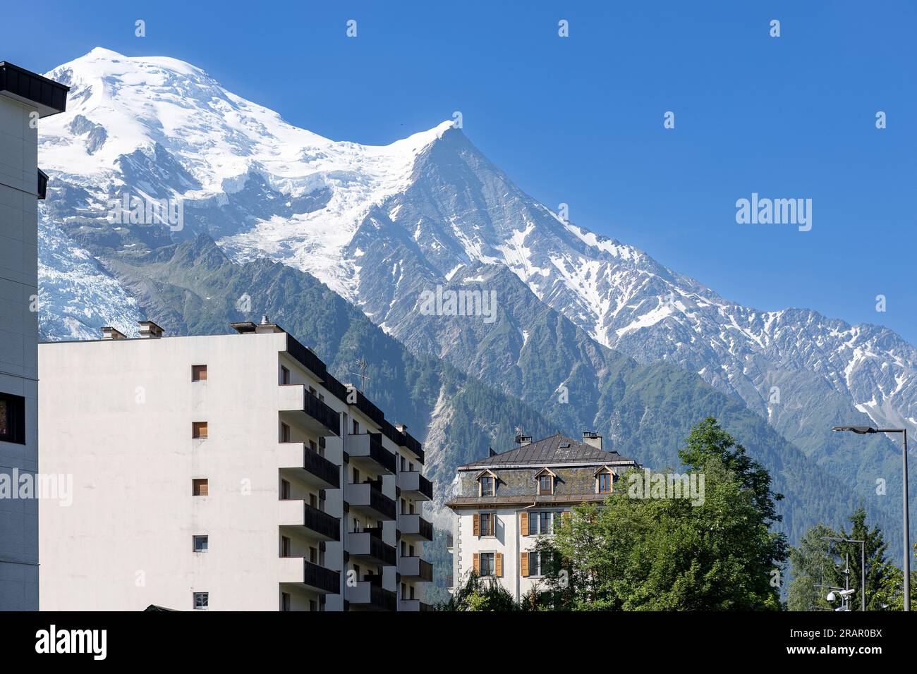 Chamonix village at the feet of the Mont Blanc Massive mountain range with eternal snow tops in ...