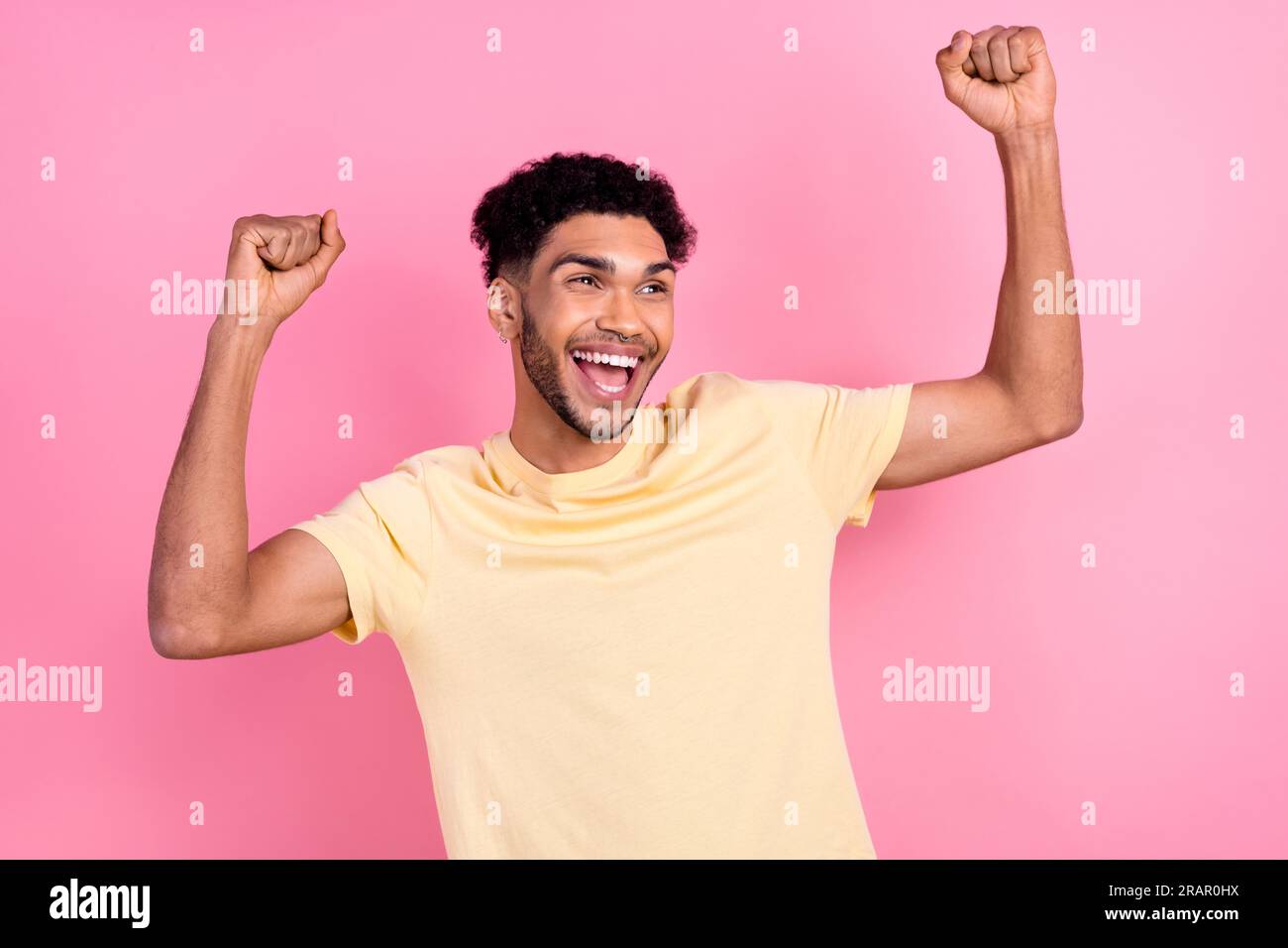 Photo of overjoyed stunned multinational man rejoice happiness ...