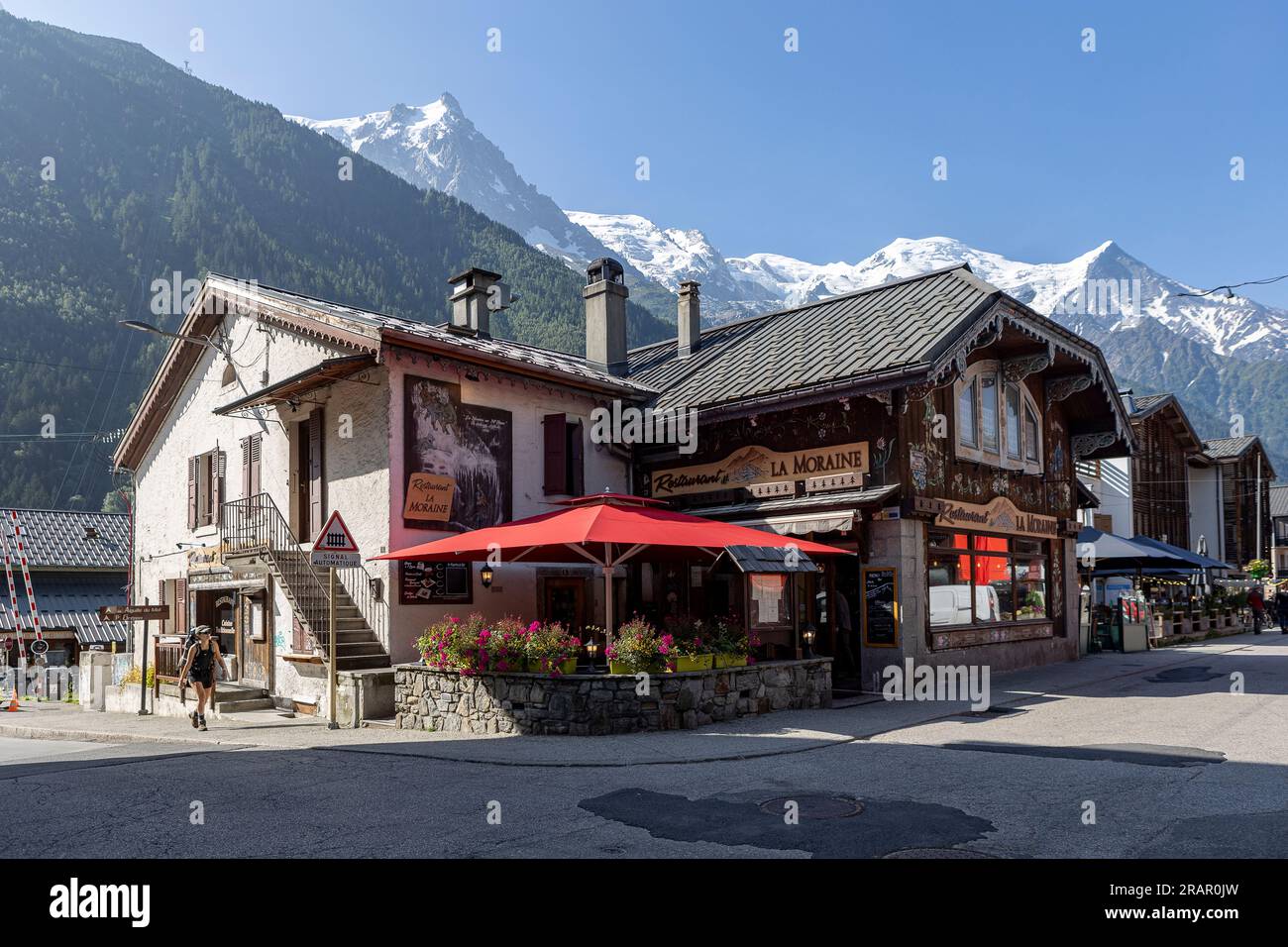 Chamonix village at the feet of the Mont Blanc Massive mountain range ...