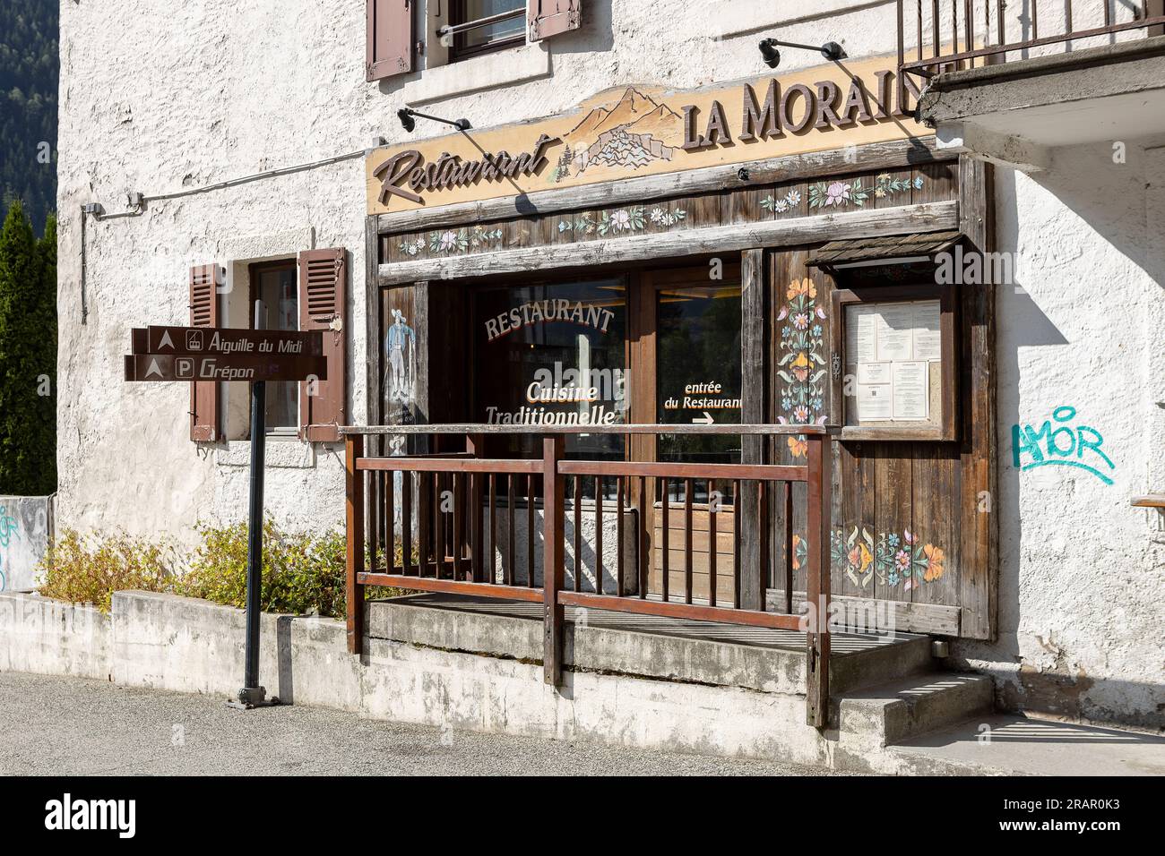 Chamonix village at the feet of the Mont Blanc Massive mountain range ...