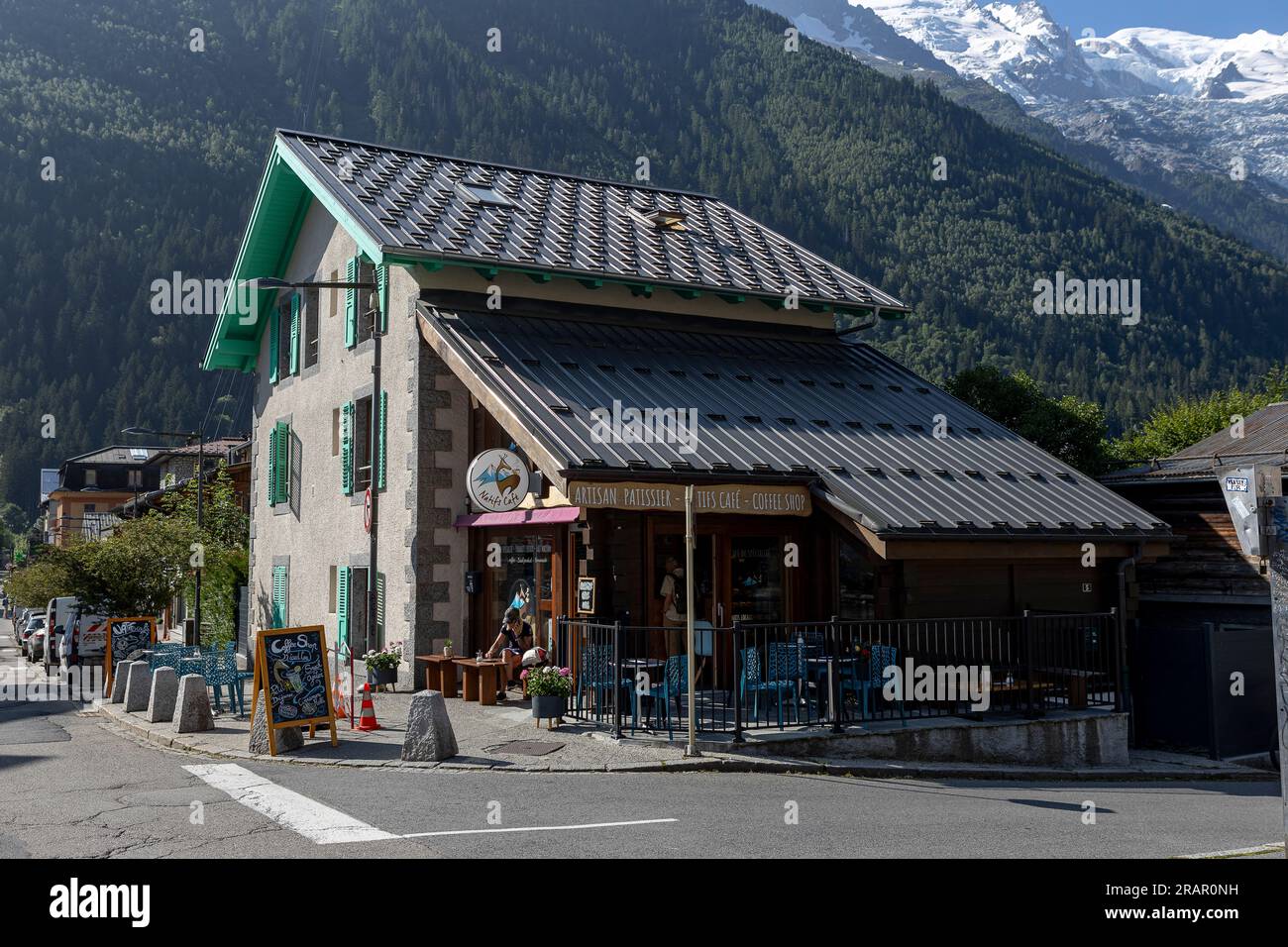 Chamonix village at the feet of the Mont Blanc Massive mountain range ...