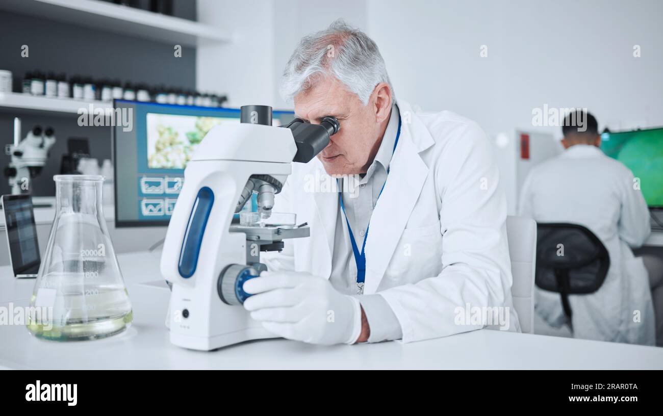 Microscope, pharmacy and research with old man in laboratory for ...