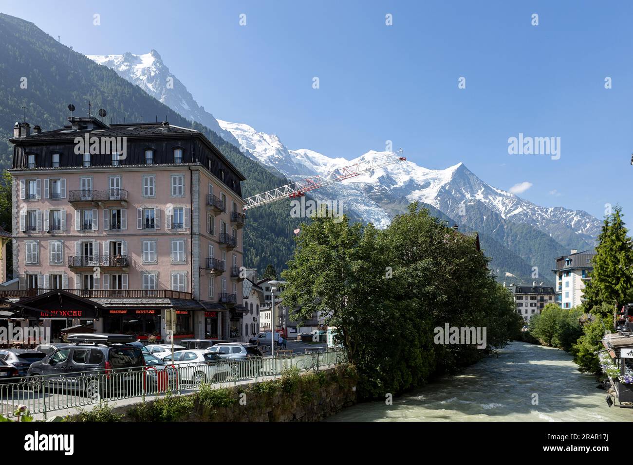 Chamonix village at the feet of the Mont Blanc Massive mountain range ...