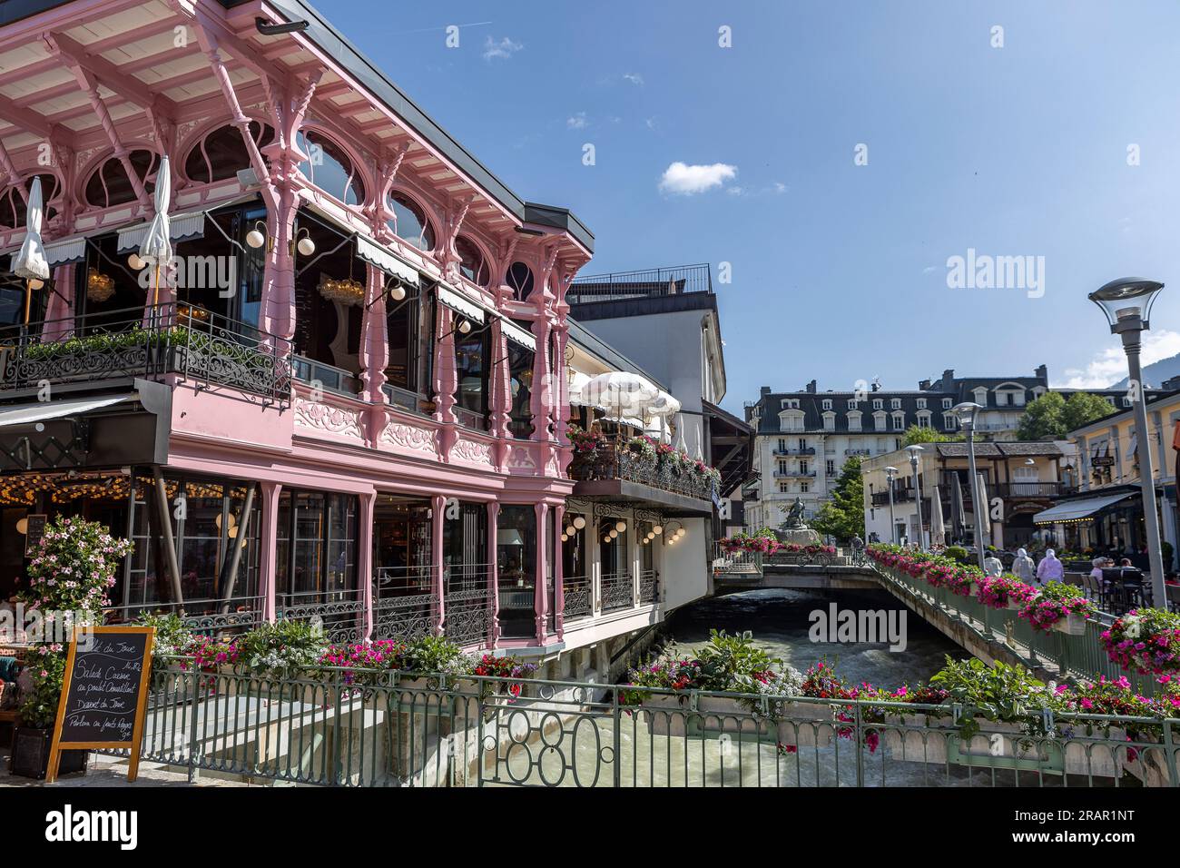 Chamonix village at the feet of the Mont Blanc Massive mountain range ...
