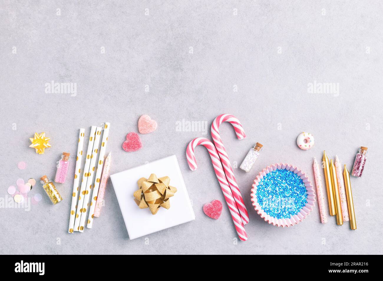 Happy birthday composition with gifts, holiday decorations and sweets ...
