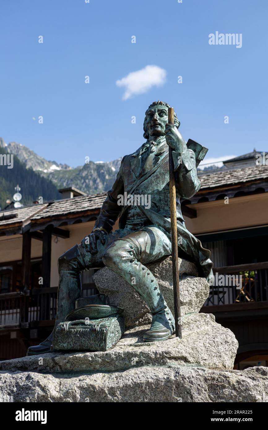 Chamonix village at the feet of the Mont Blanc Massive mountain range ...