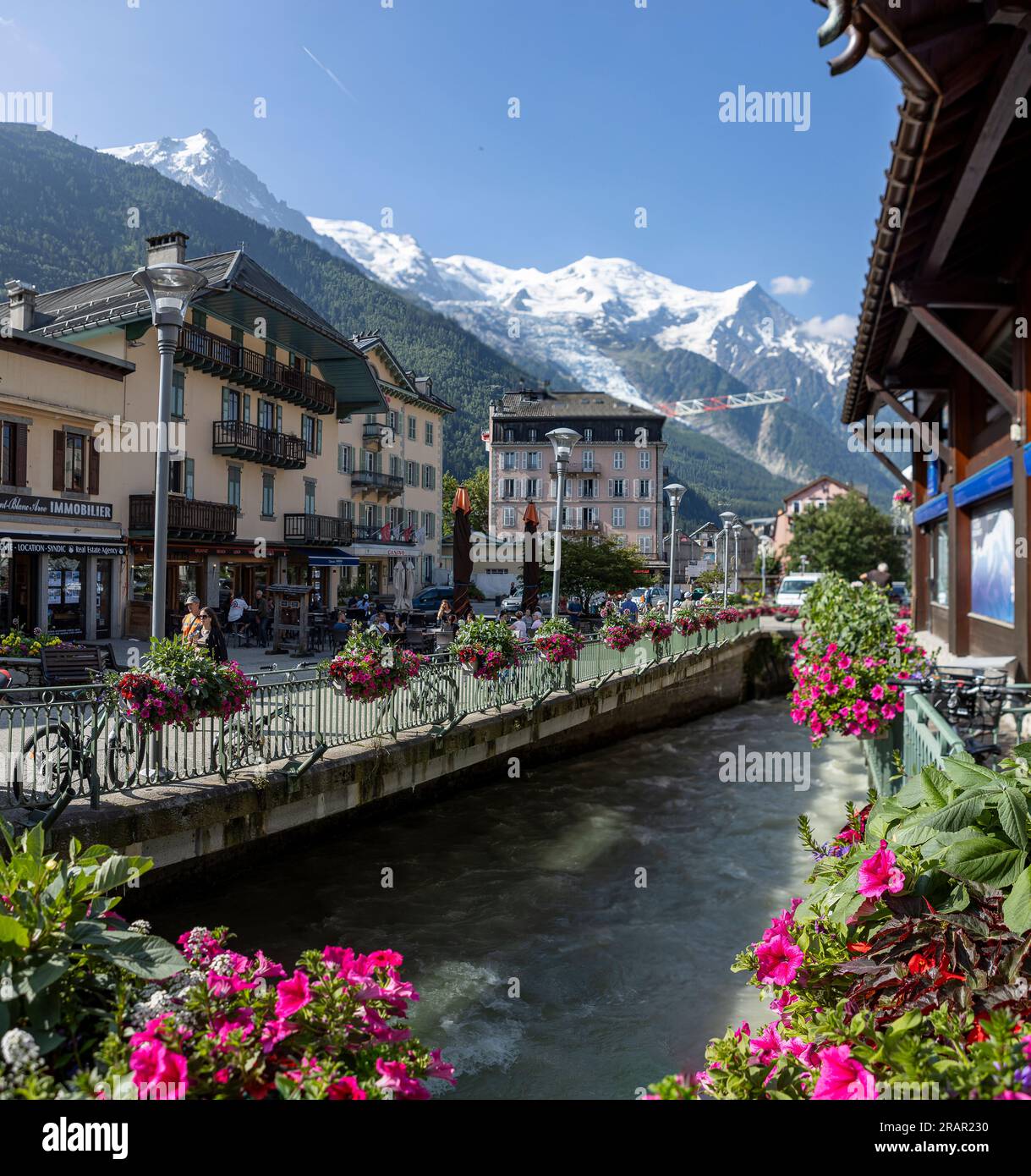 Chamonix village at the feet of the Mont Blanc Massive mountain range ...