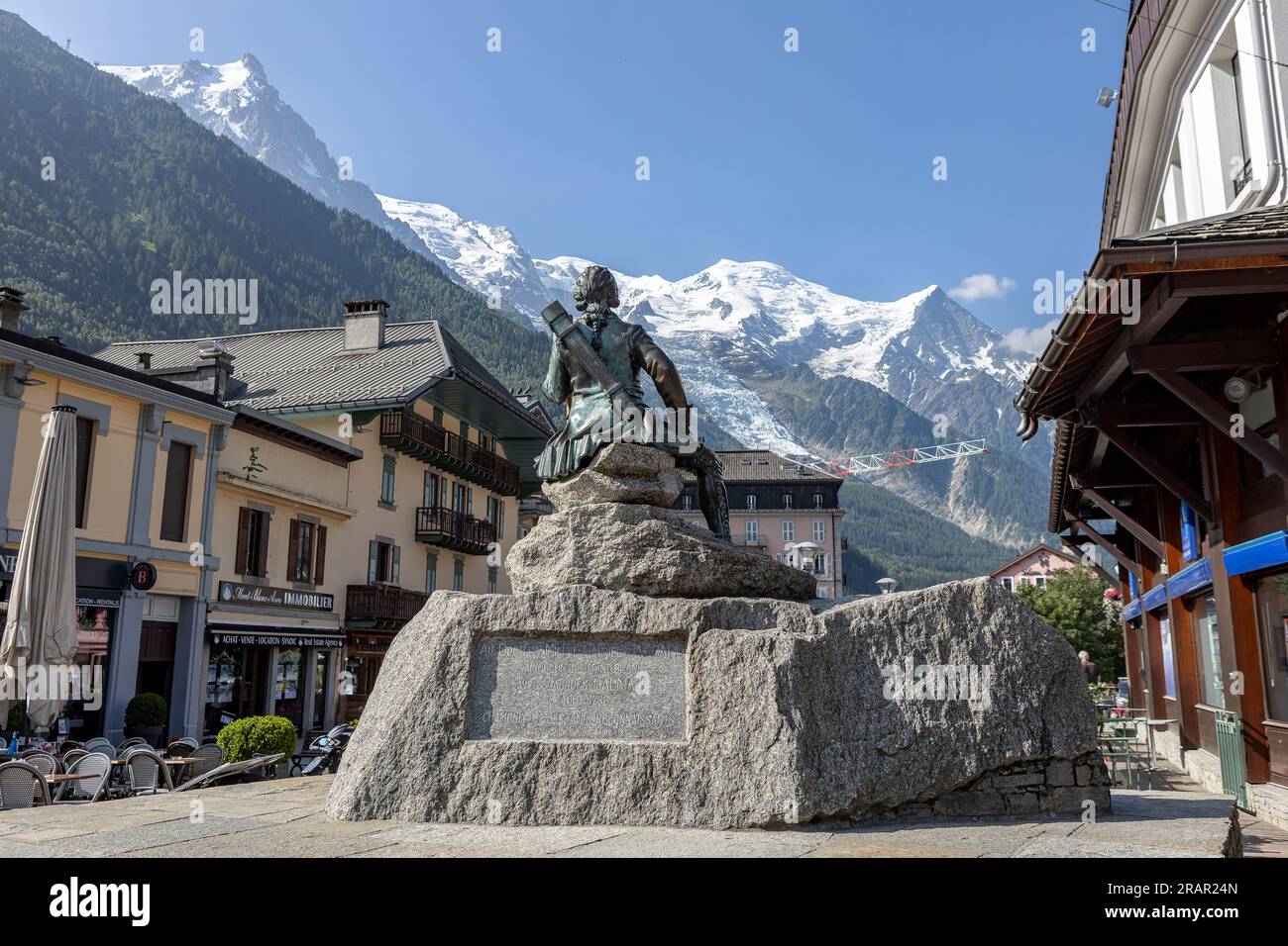 Chamonix village at the feet of the Mont Blanc Massive mountain range with eternal snow tops in ...