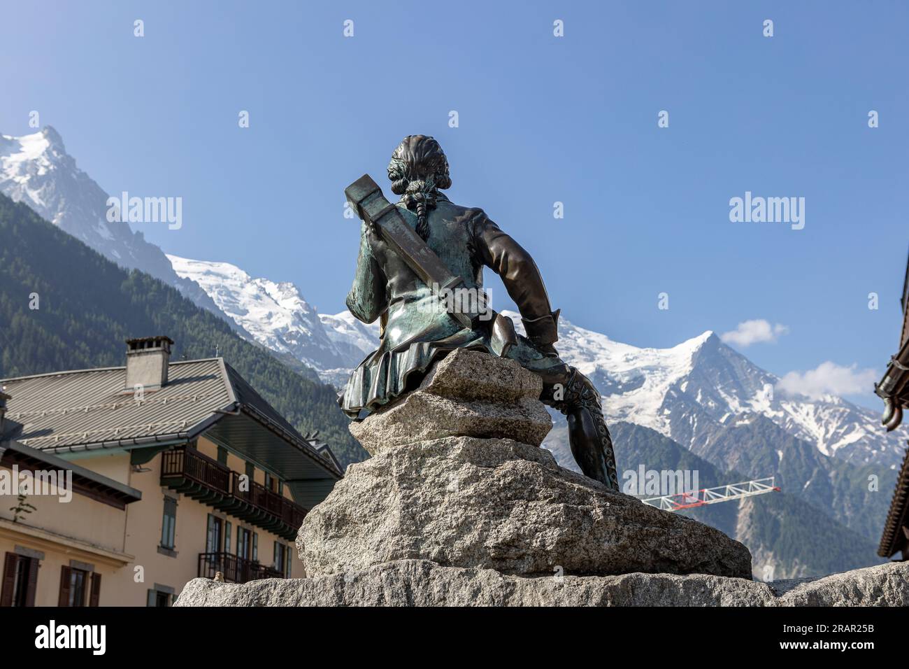 Chamonix village at the feet of the Mont Blanc Massive mountain range with eternal snow tops in ...
