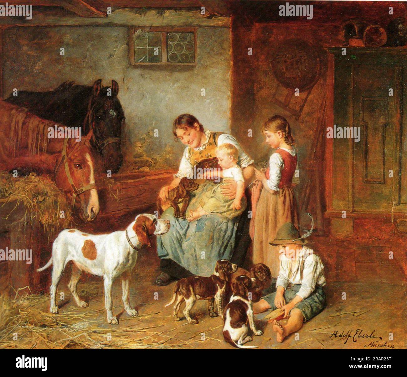 Happy family in a barn interior by Adolf Eberle Stock Photo - Alamy