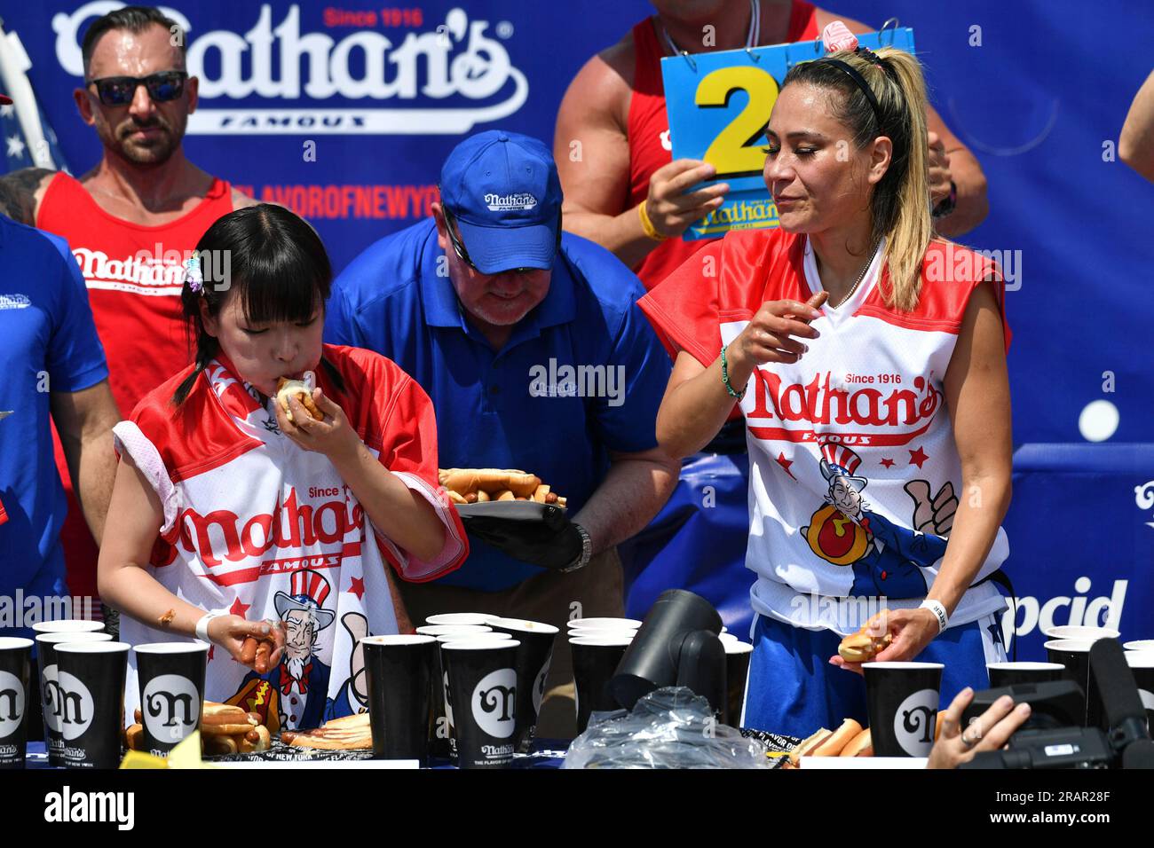 Photo by: NDZ/STAR MAX/IPx 2023 7/4/23 Professional competitive eaters Mayo Ebihara and Miki ...