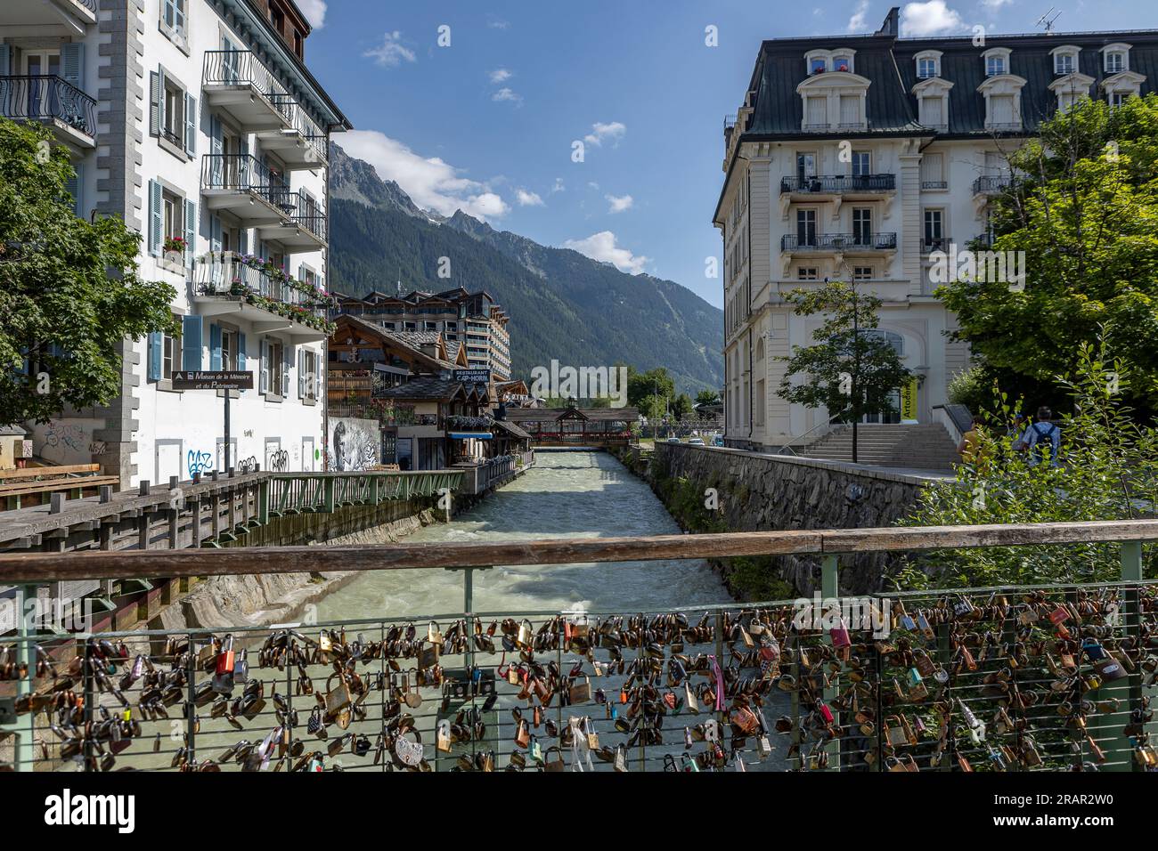 Chamonix village at the feet of the Mont Blanc Massive mountain range ...