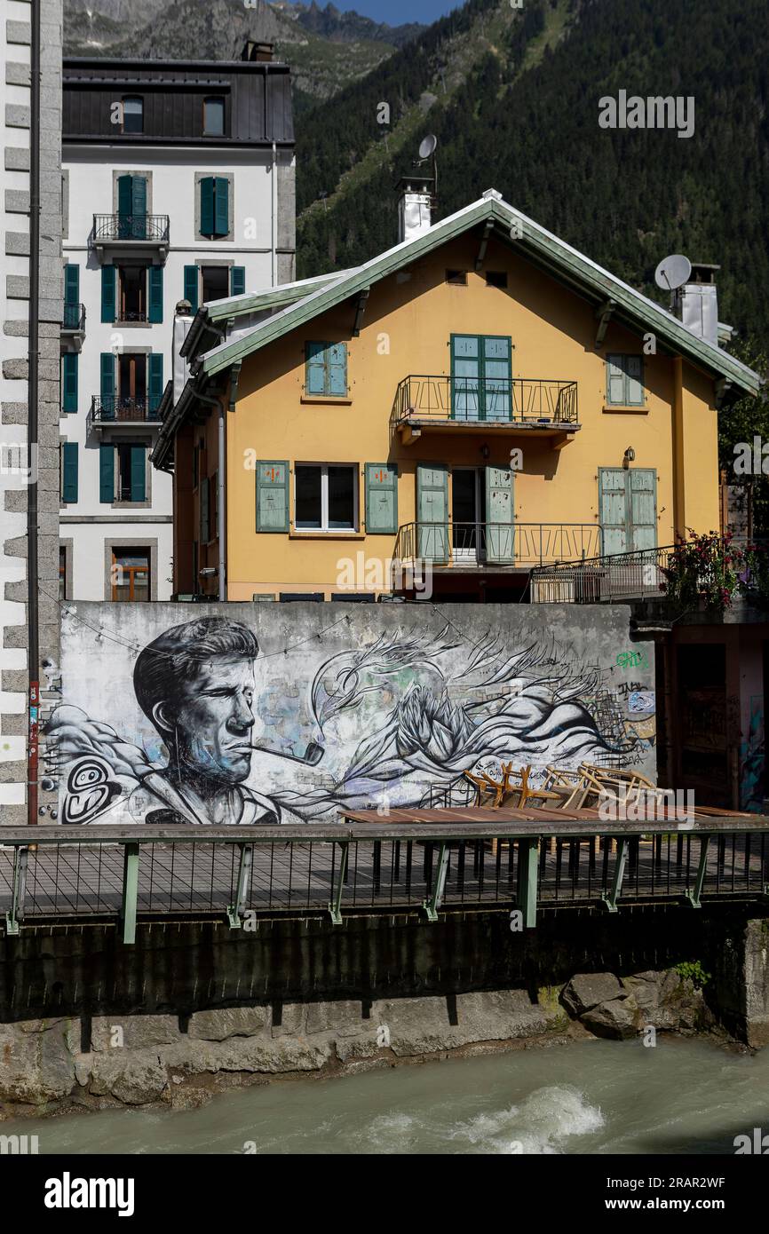 Chamonix village at the feet of the Mont Blanc Massive mountain range ...