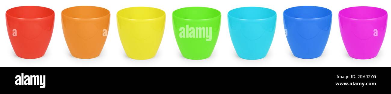 Empty rainbow color flower pots isolated on white. High resolution ...