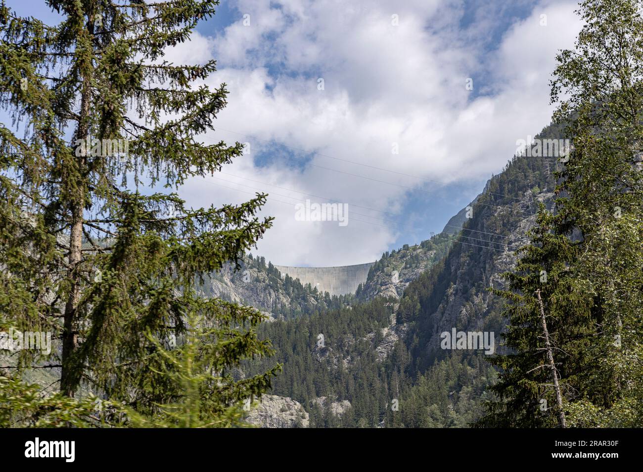Mountainainous rock with pine tree valley landscape with high up a dam ...