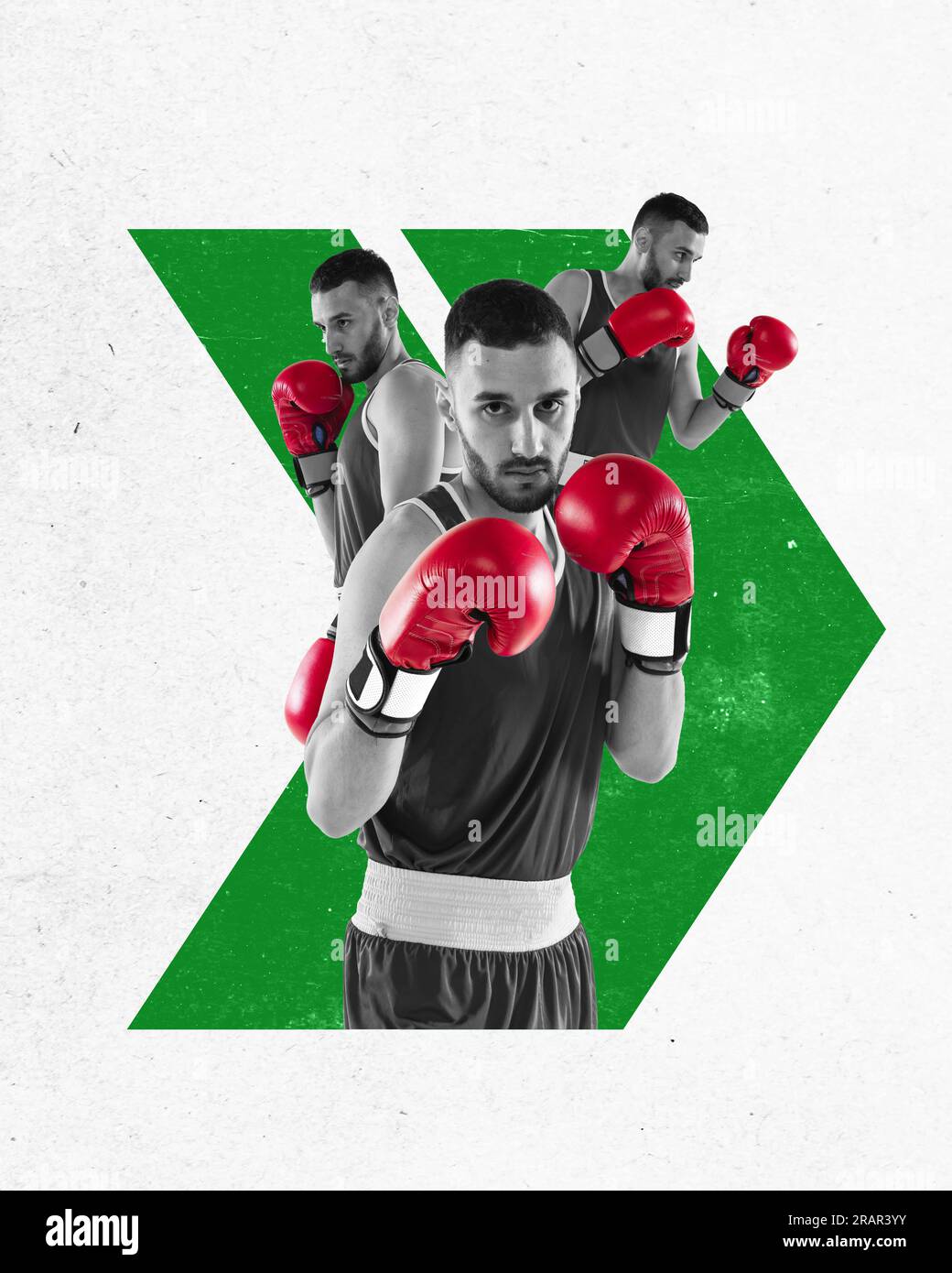 Young athletic man, professional boxer in gloves training on abstract ...