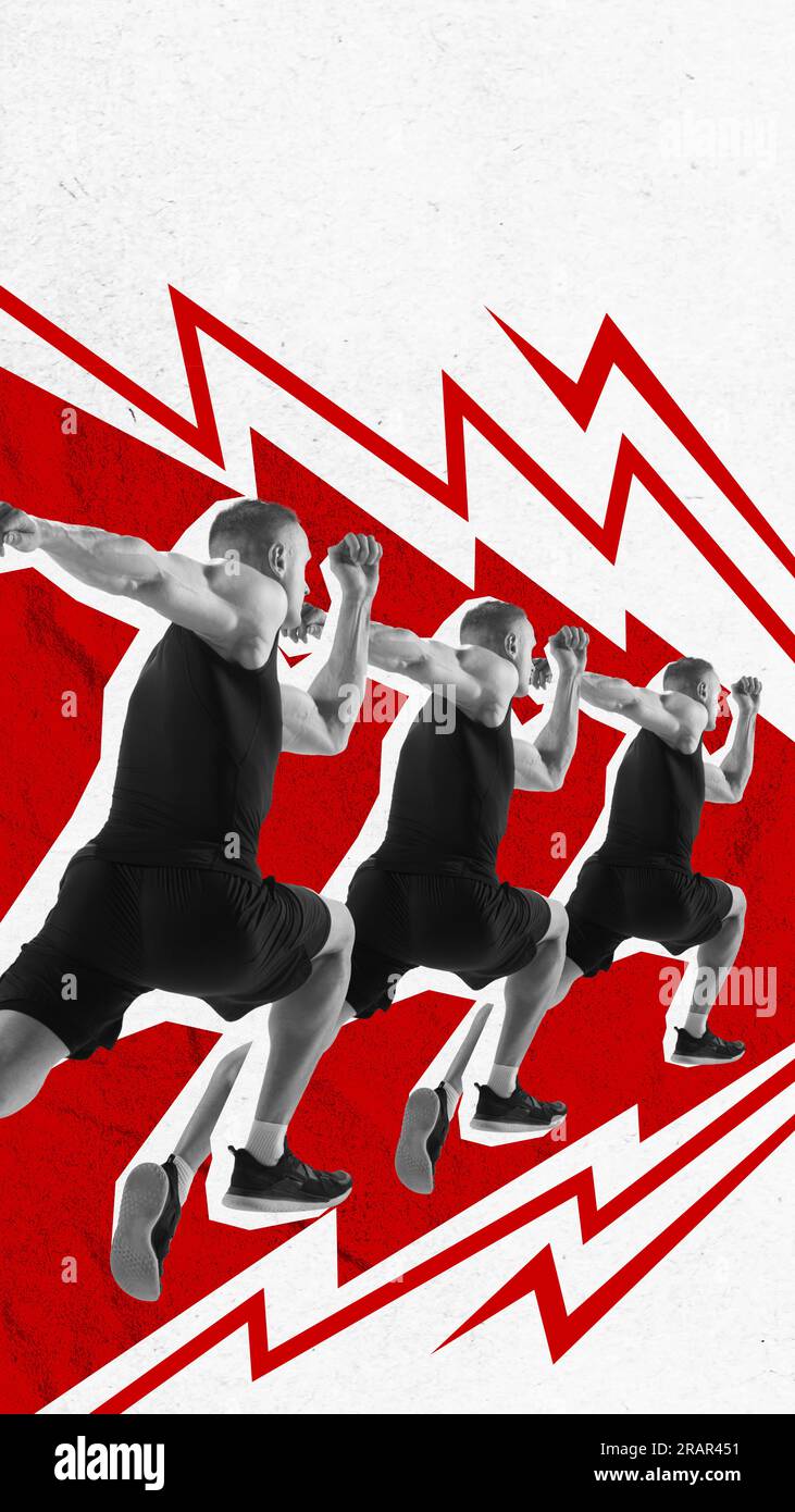 Speed and endurance. Young man, athlete in motion, running over ...