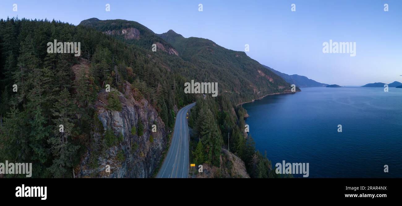 Sea to Sky Highway on Pacific Ocean West Coast. Aerial Panorama Stock ...