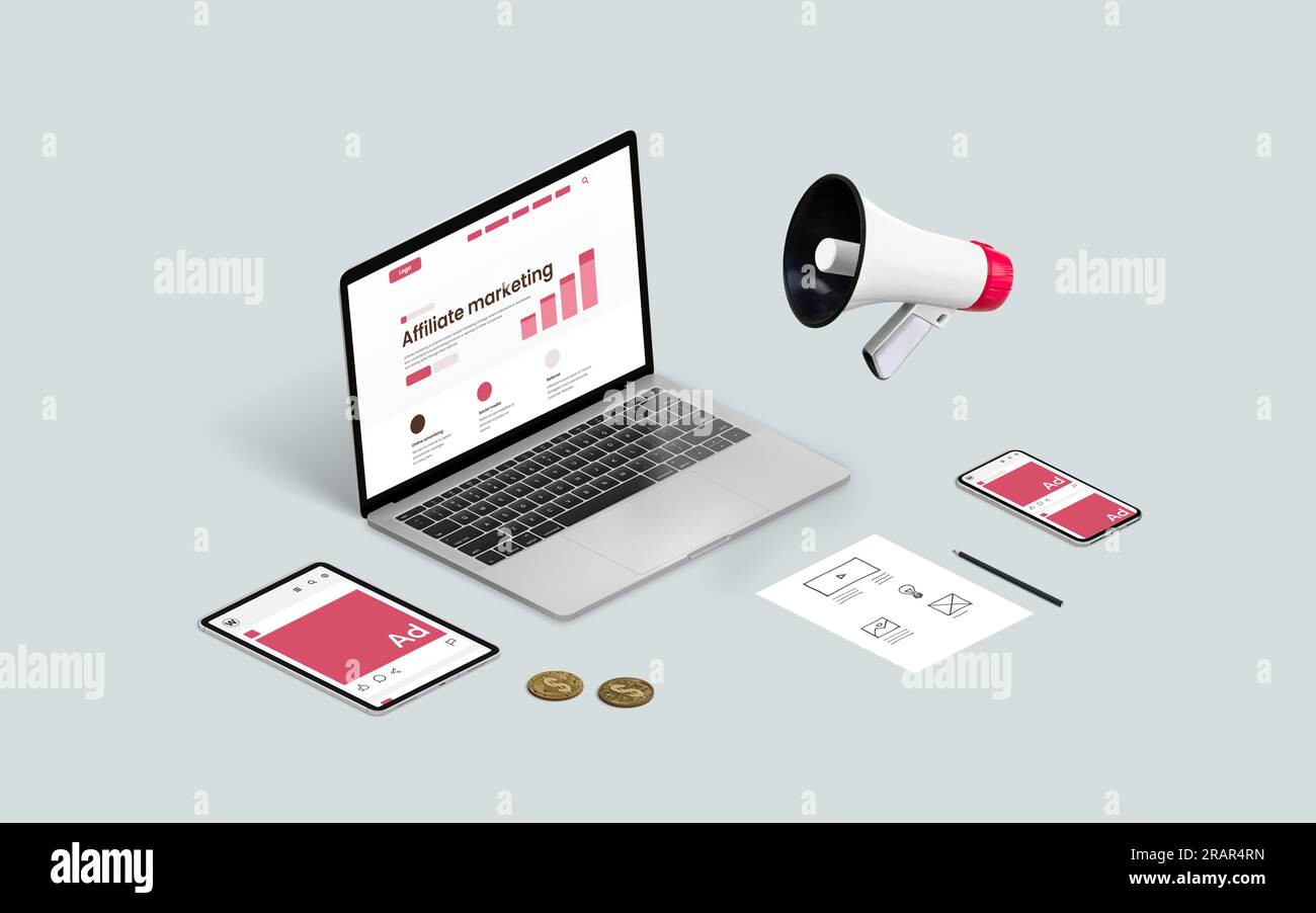 Affiliate marketing concept with web page on laptop display, social ...
