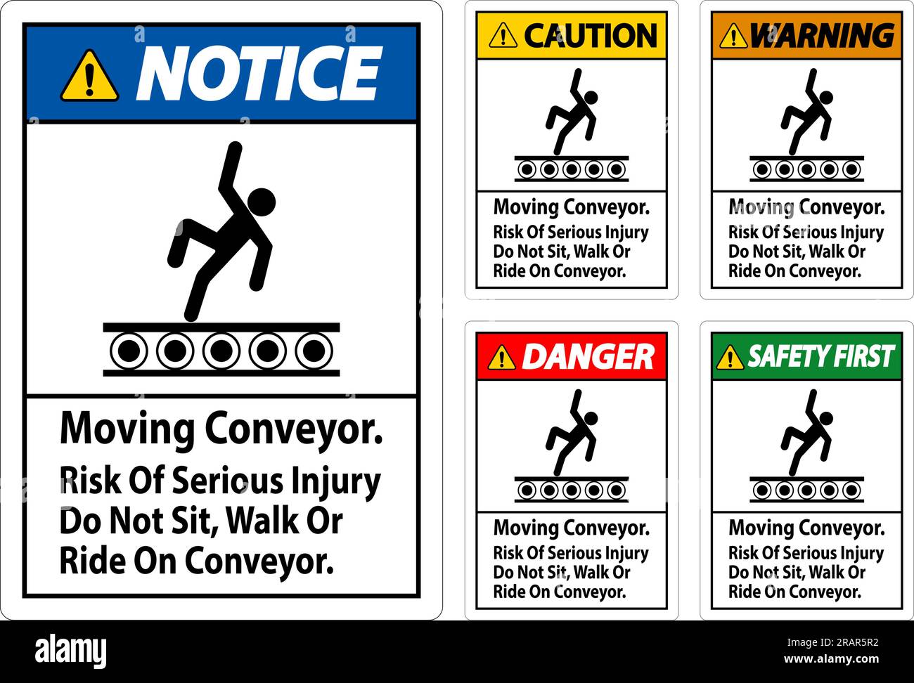 Warning Sign Moving Conveyor, Risk Of Serious Injury Do Not Sit Walk Or ...