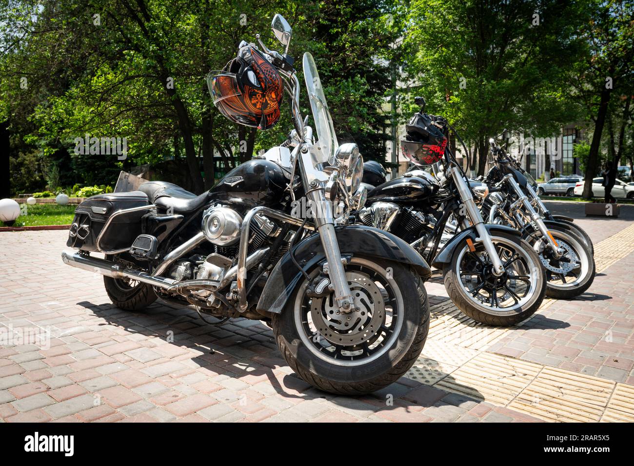 Bikes in a row. several large American Harley Davidson motorcycles ...