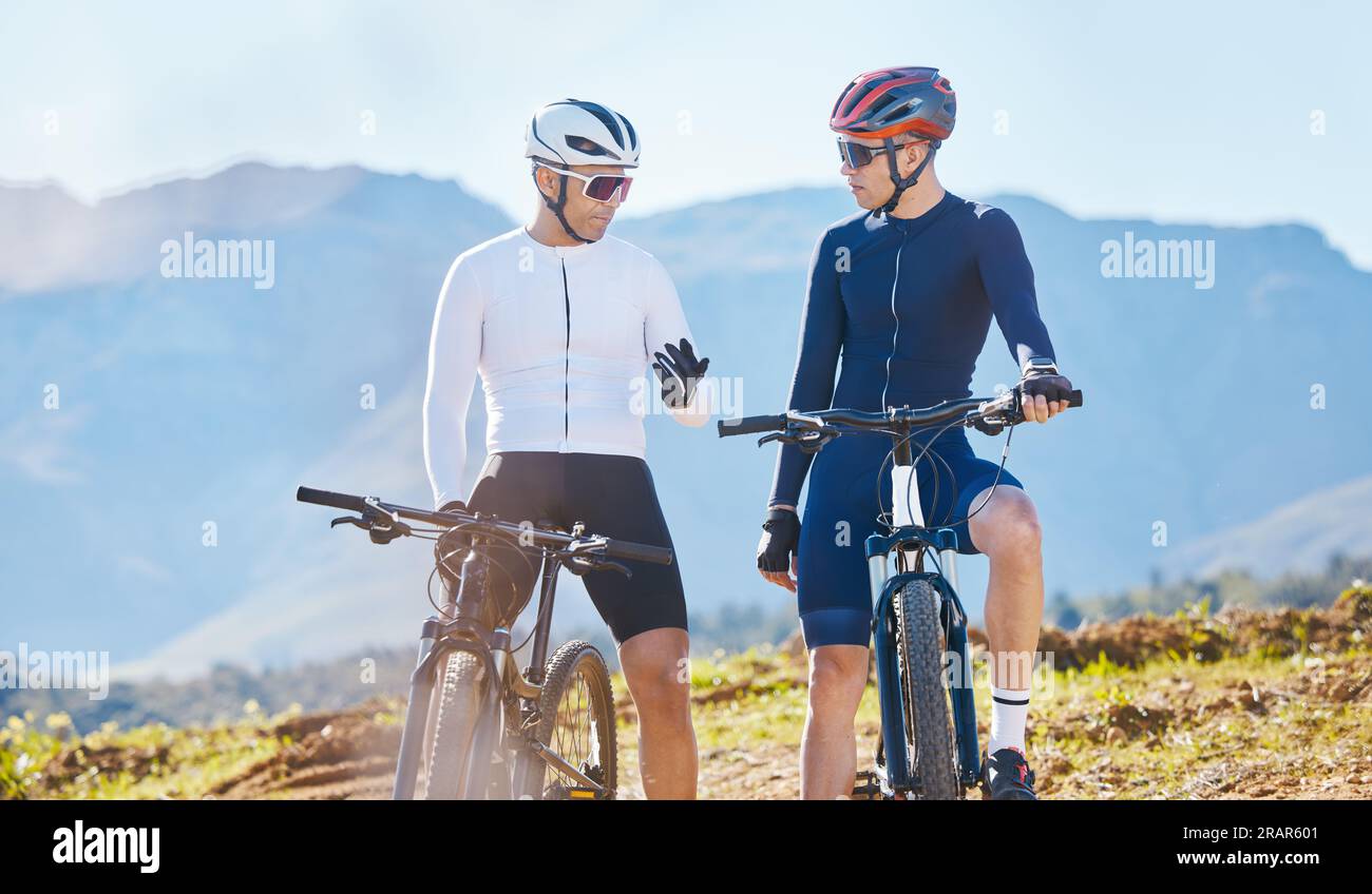 Fitness, bike and friends in nature for cycling, taking a break from ...