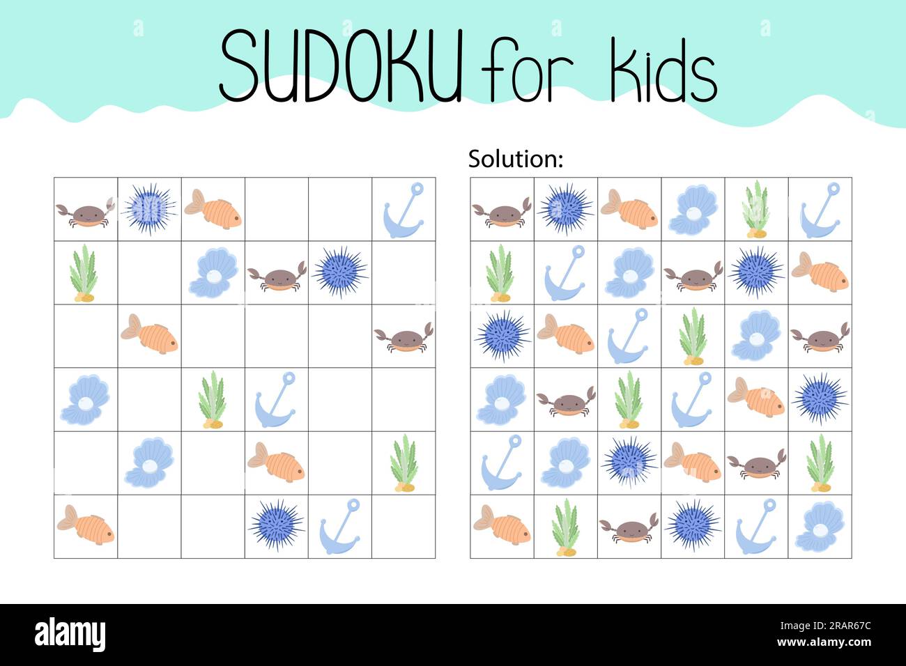 Sea creatures and objects sudoku educational game or leisure activity ...