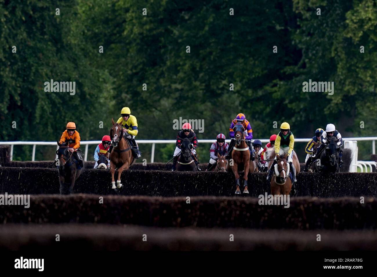 The competing horses and jockeys in action during the Manby Bowdler ...